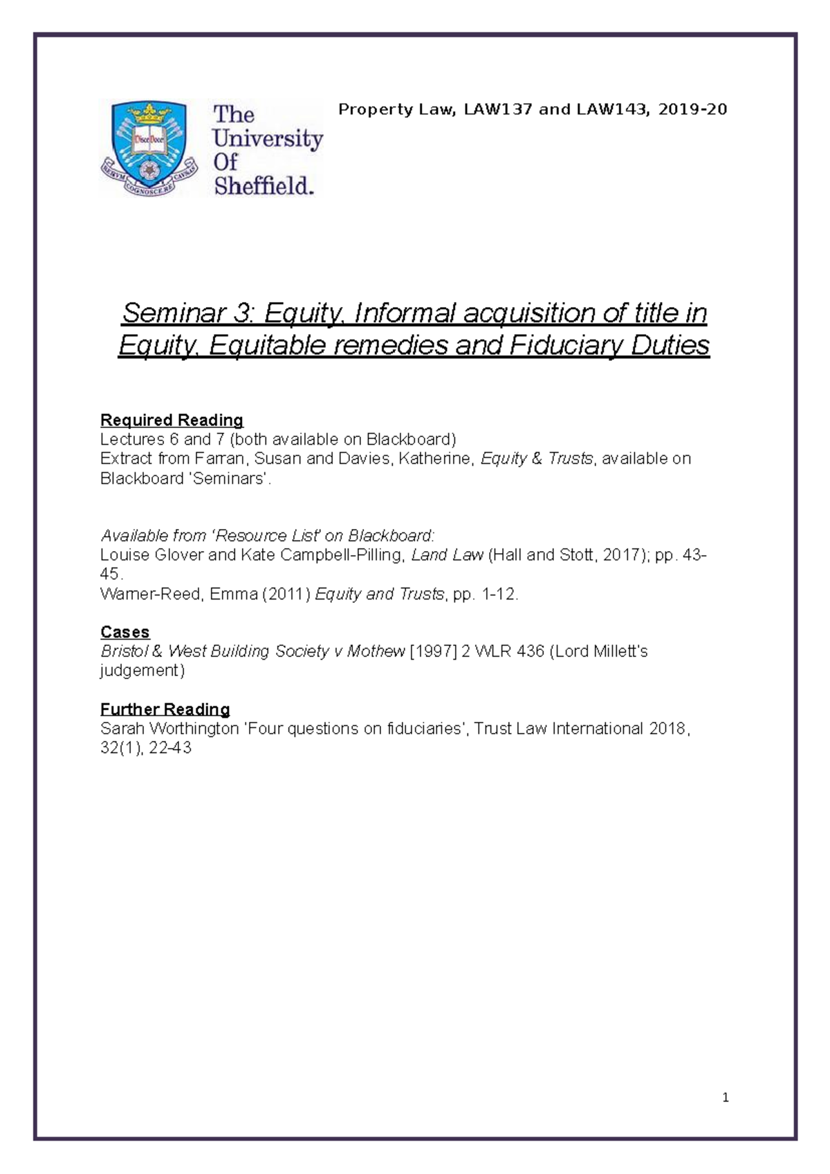 Seminar 3, Equity, Informal acquisition of title in Equity, Equitable ...