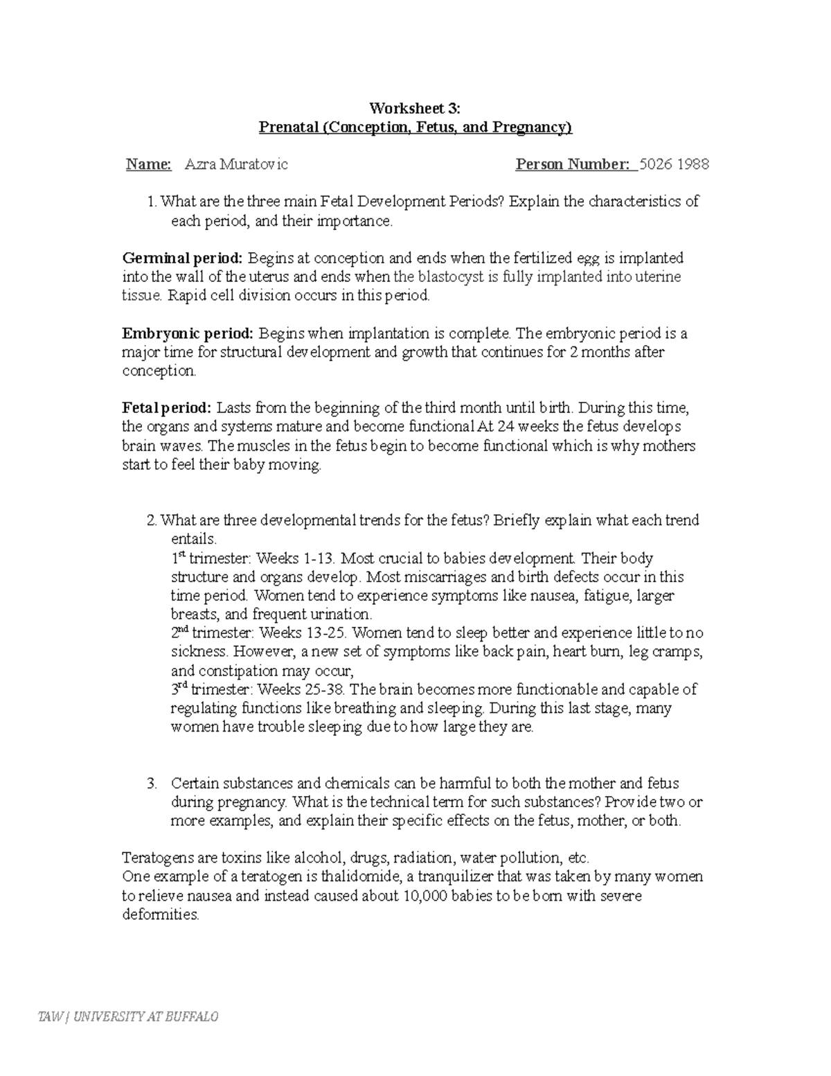 WS 3 -Conception, Fetus and Pregnancy - Worksheet 3: Prenatal ...