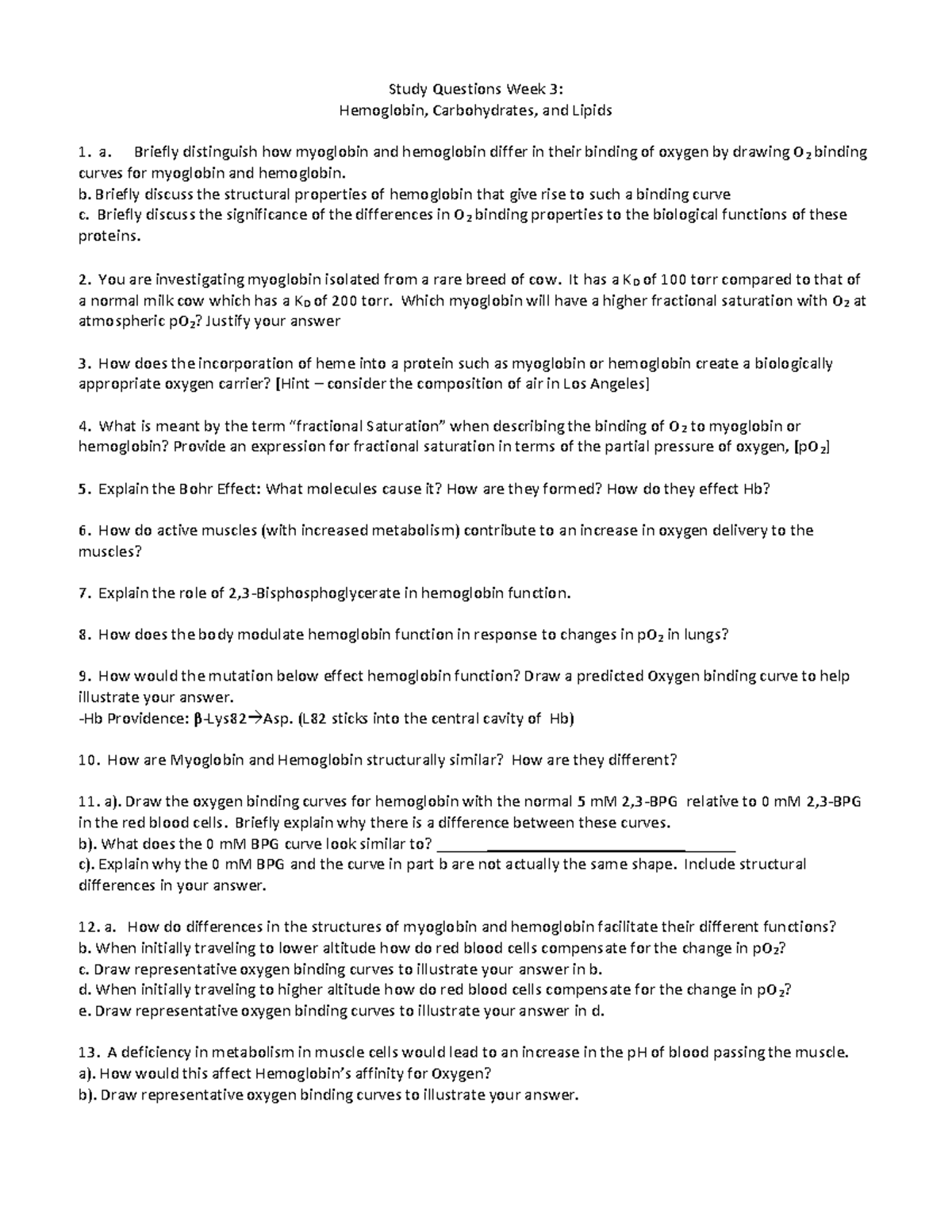 Week 3 study questions - Study Questions Week 3: Hemoglobin ...