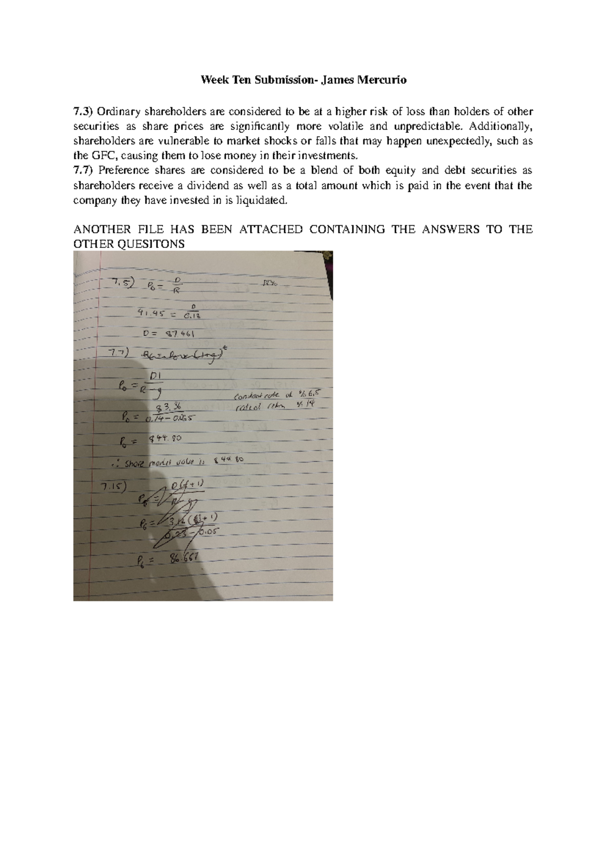 Week 10 tutorial answers - Week Ten Submission- James Mercurio Ordinary ...