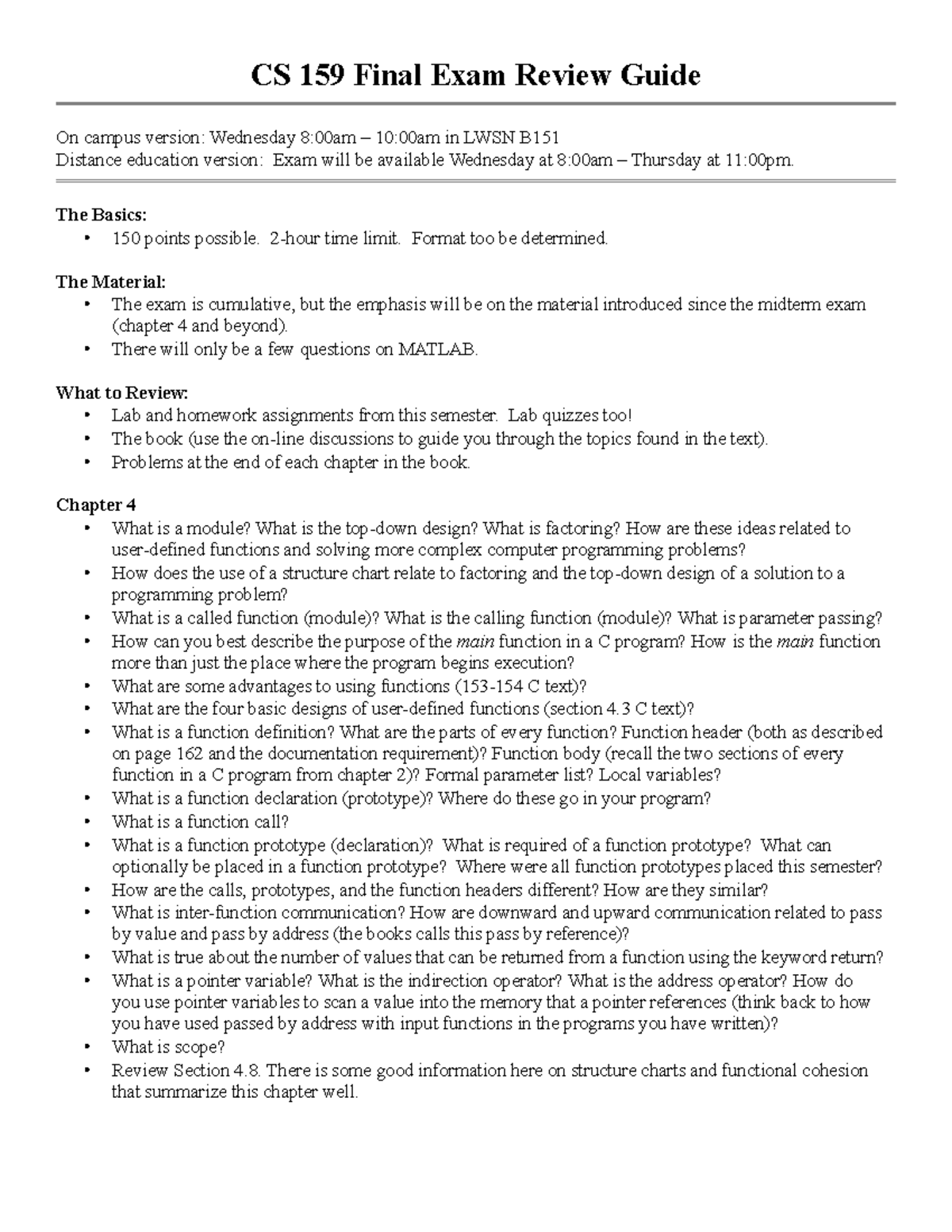 Final Exam Guide CS15900 - CS 159 Final Exam Review Guide On campus ...