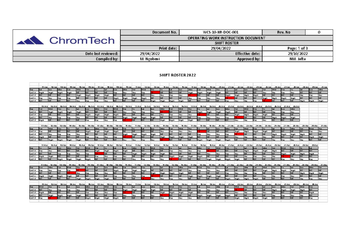Shift Roster 2022 - Document No. WCS-10-HR-DOC-001 Rev. No 0 OPERATING ...