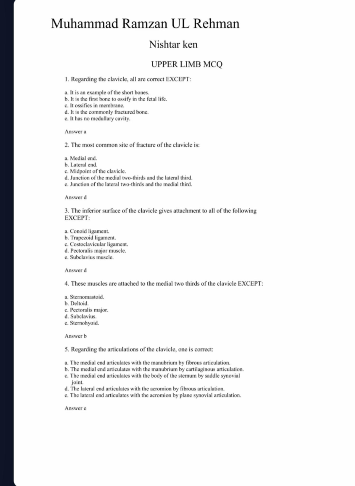 Anatomy MCQ s - NOTES - Muhammad Ramzan UL Rehman ####### Nishtar ken ...