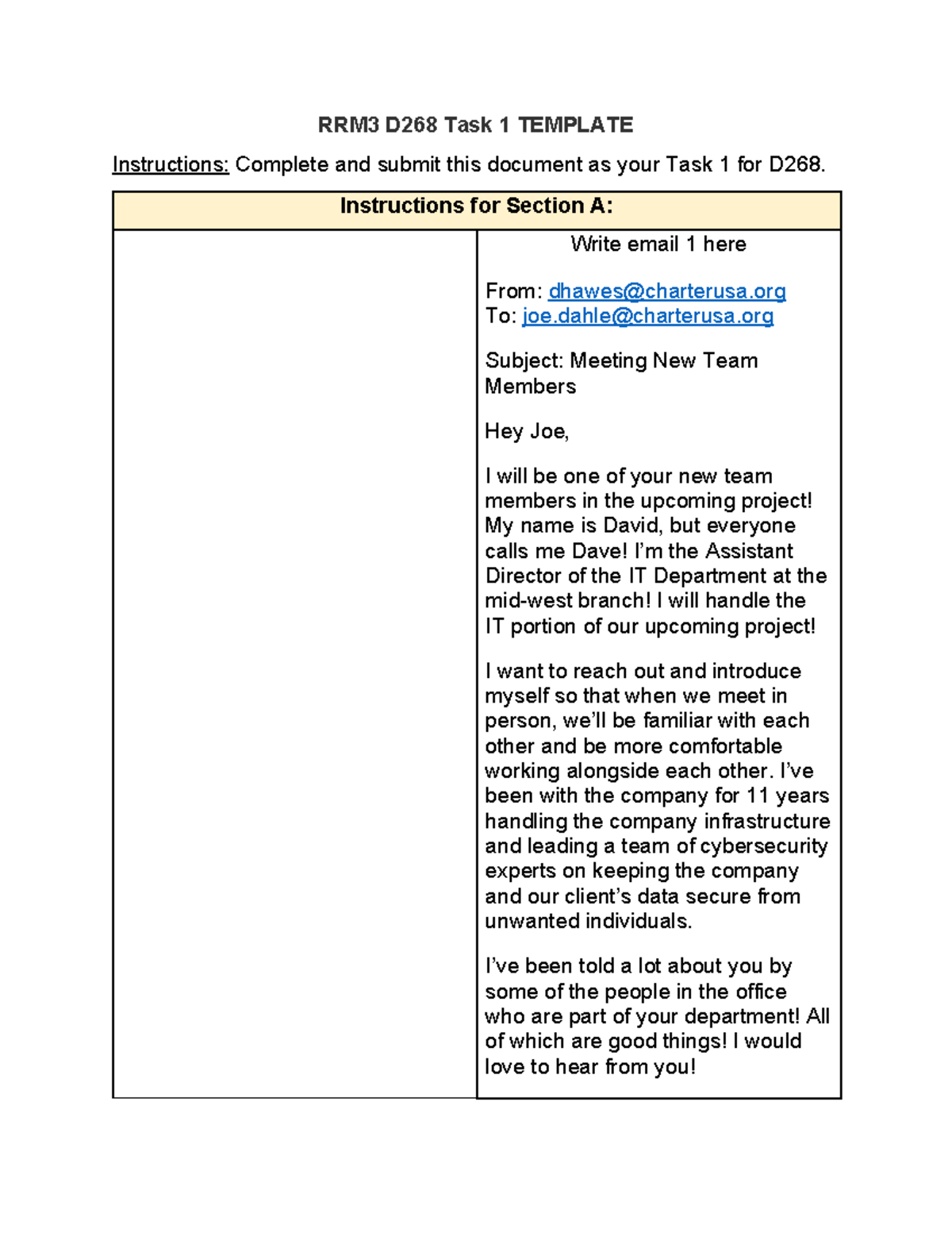 RRM3 D268 Task 1 - Instructions for Section A: Write email 1 here From ...