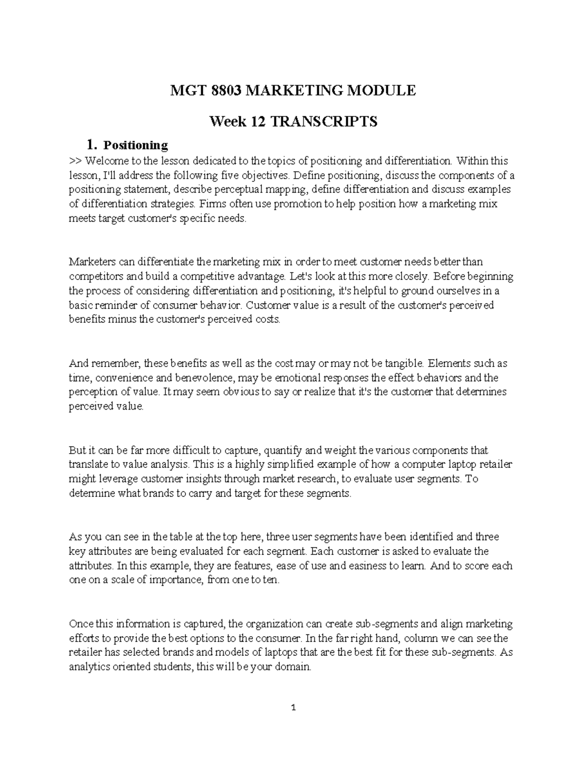 WEEK14~Transcript - MGT 8803 MARKETING MODULE Week 12 TRANSCRIPTS 1 ...