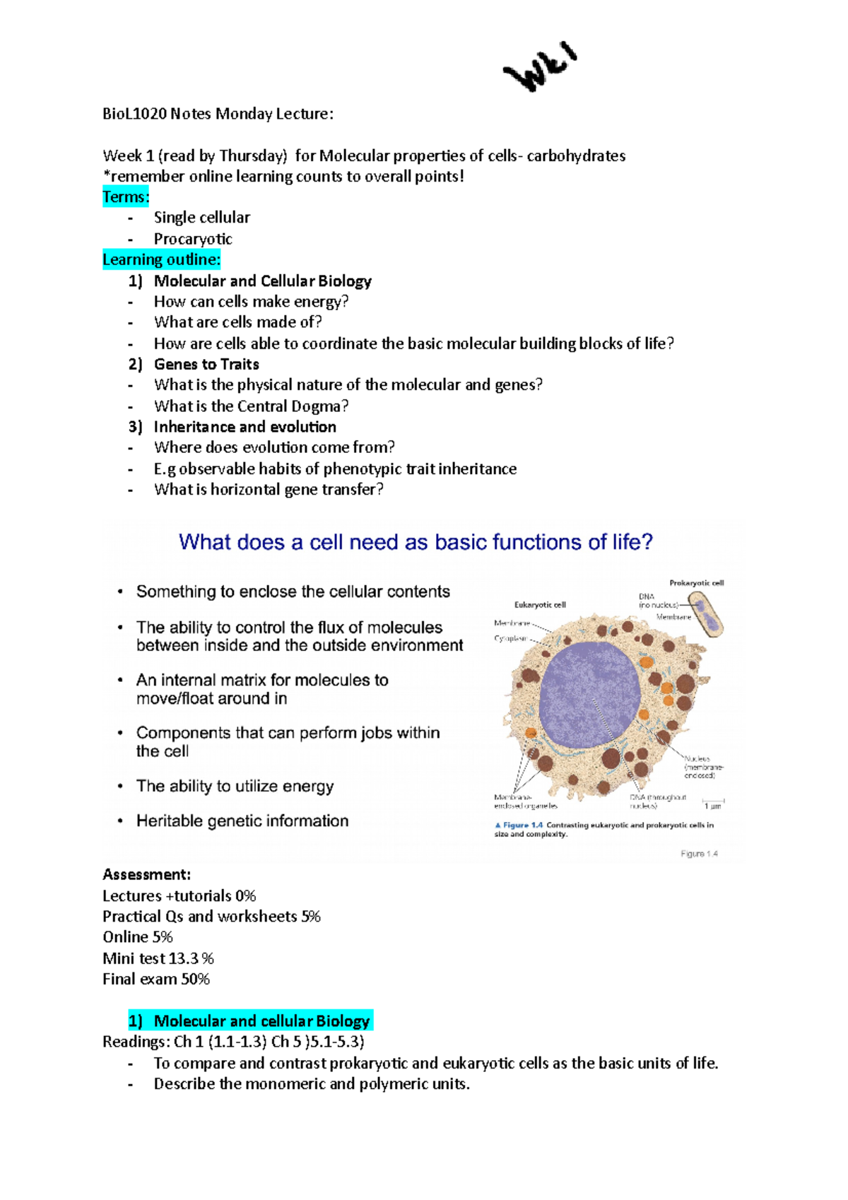Bio L1020 Notes Monday Lecture - BioL1020 Notes Monday Lecture: Week 1 ...