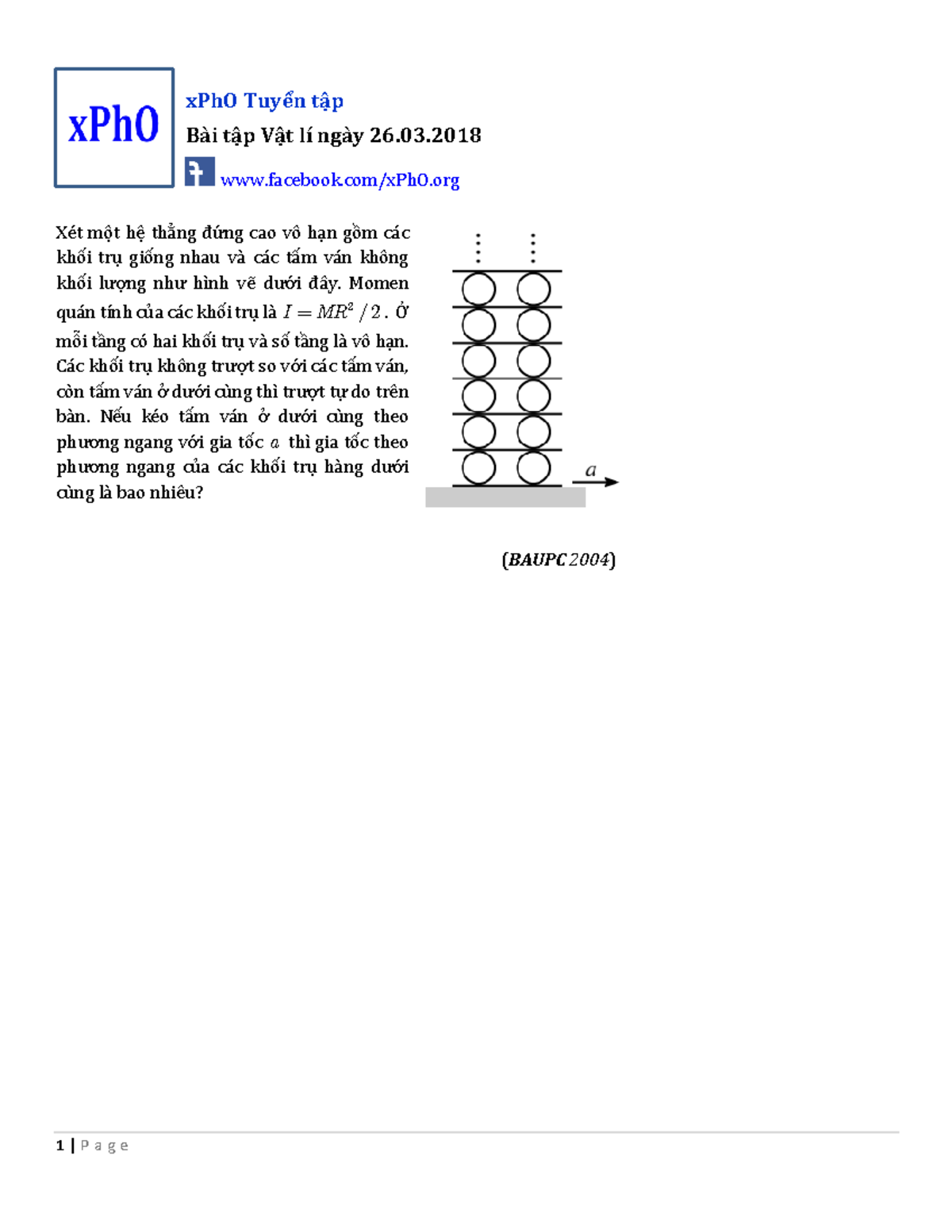 [x Ph O Tuyen tap] Bai tap Vat li 2018-03-26 - 1 | P a g e xPhO Tuyển tập Bài tập Vật lí ngày 26 ...