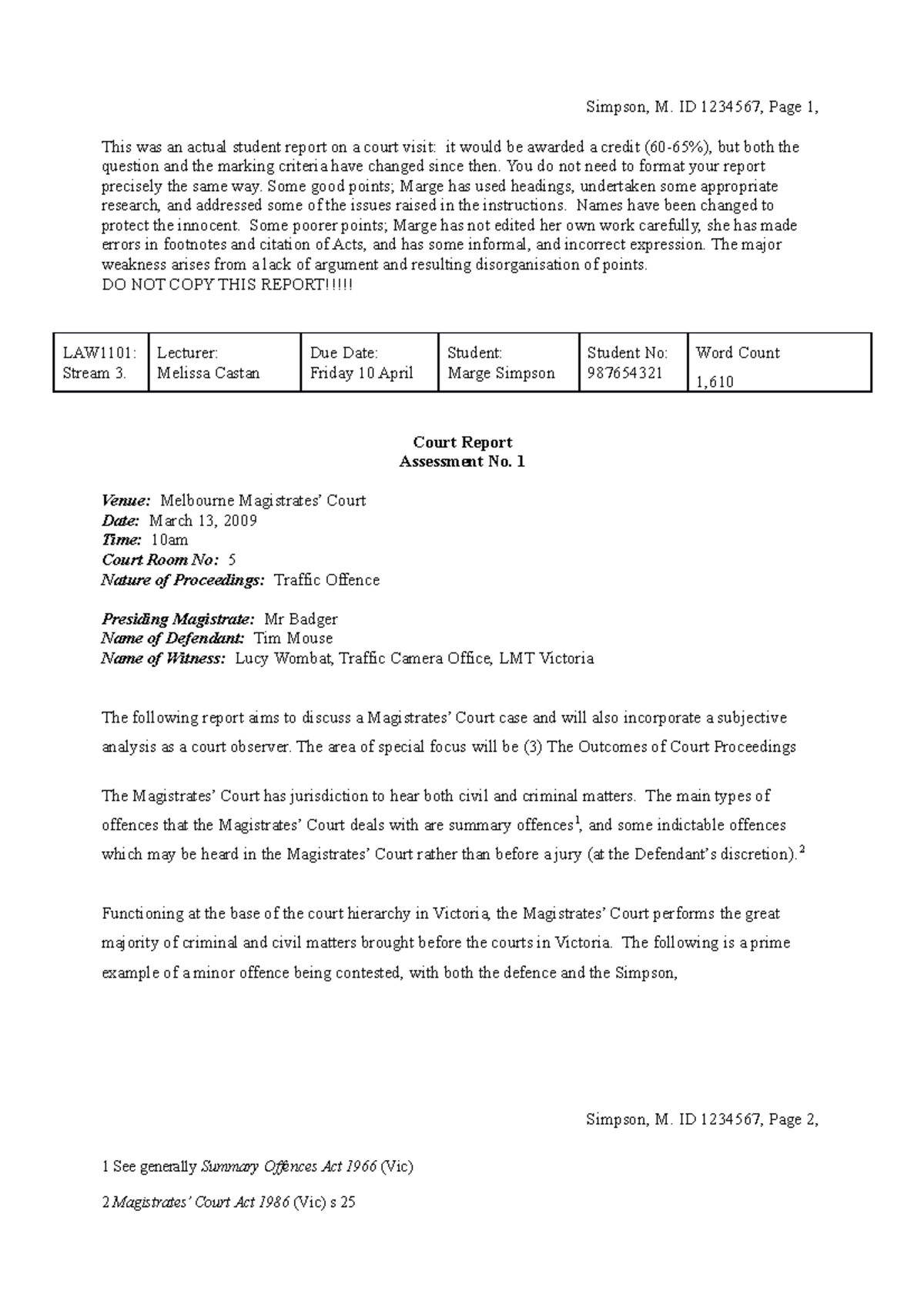 Average essay sample - Simpson, M. ID 1234567, Page 1, This was an ...