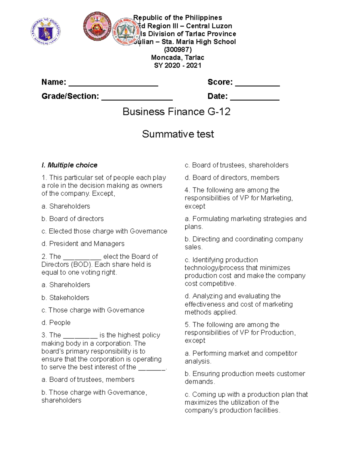 Business finance summative test wt no ans key 50 items - Name ...