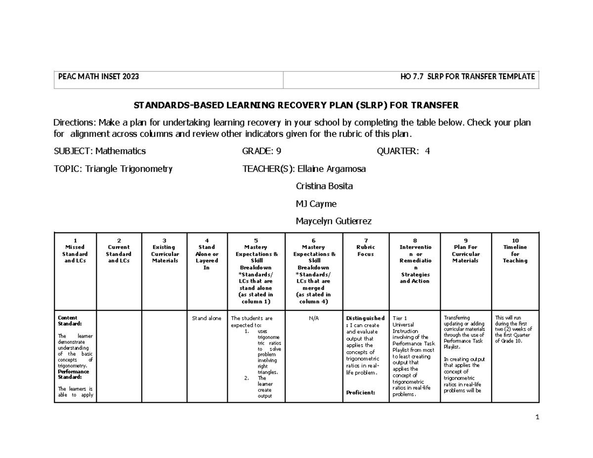 Group 1- Transfer - PEAC MATH INSET 2023 HO 7 SLRP FOR TRANSFER ...