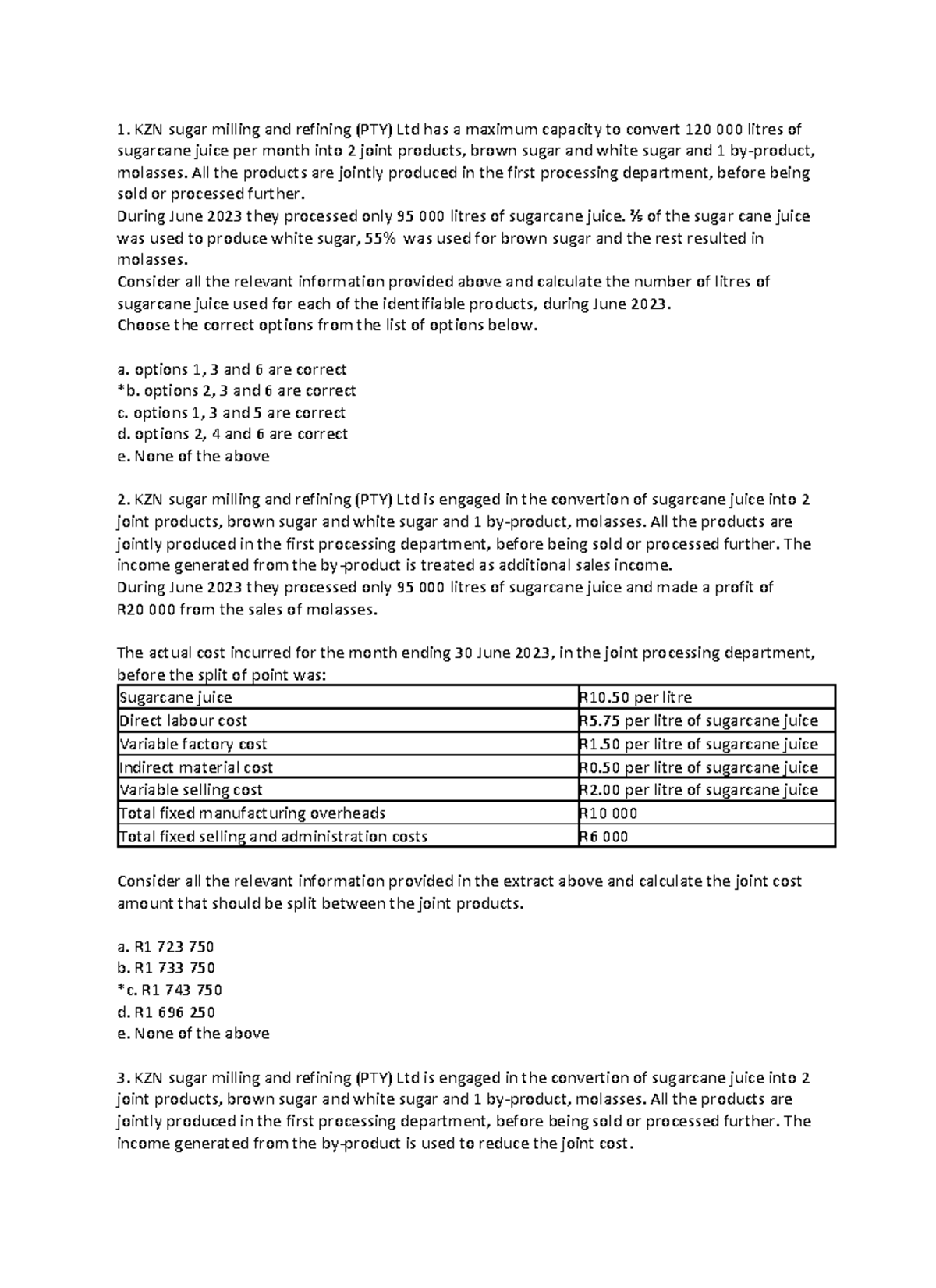 Man Acc 3, Sep 2023 test and memo - KZN sugar milling and refining (PTY ...