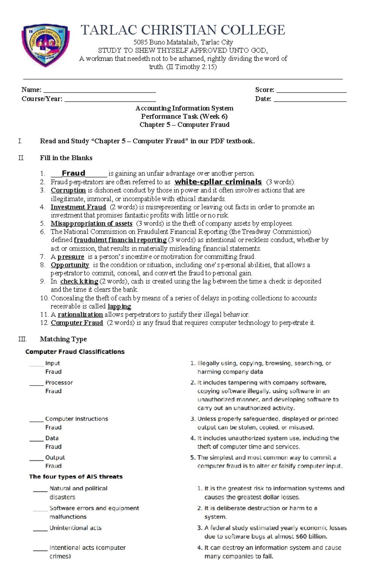 Accounting Information System Performance Task Week 6 - TARLAC CHRISTIAN COLLEGE 5085 Buno - Studocu