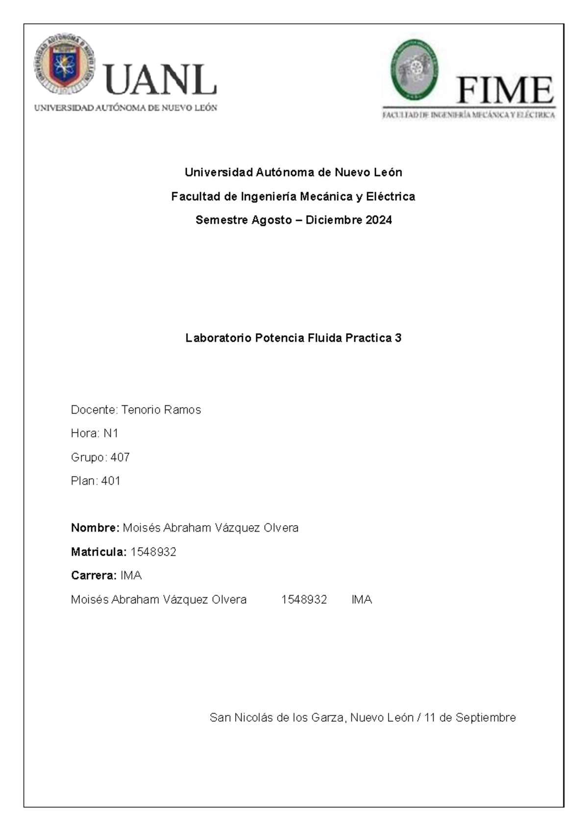 Practica 3 - Potencia Fluida Y Laboratorio - Universidad Autónoma de Nuevo León Facultad de ...