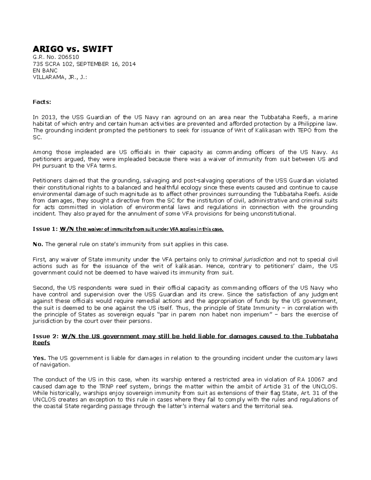 Arigo VS. Swift case - ARIGO vs. SWIFT G. No. 206510 735 SCRA 102 ...