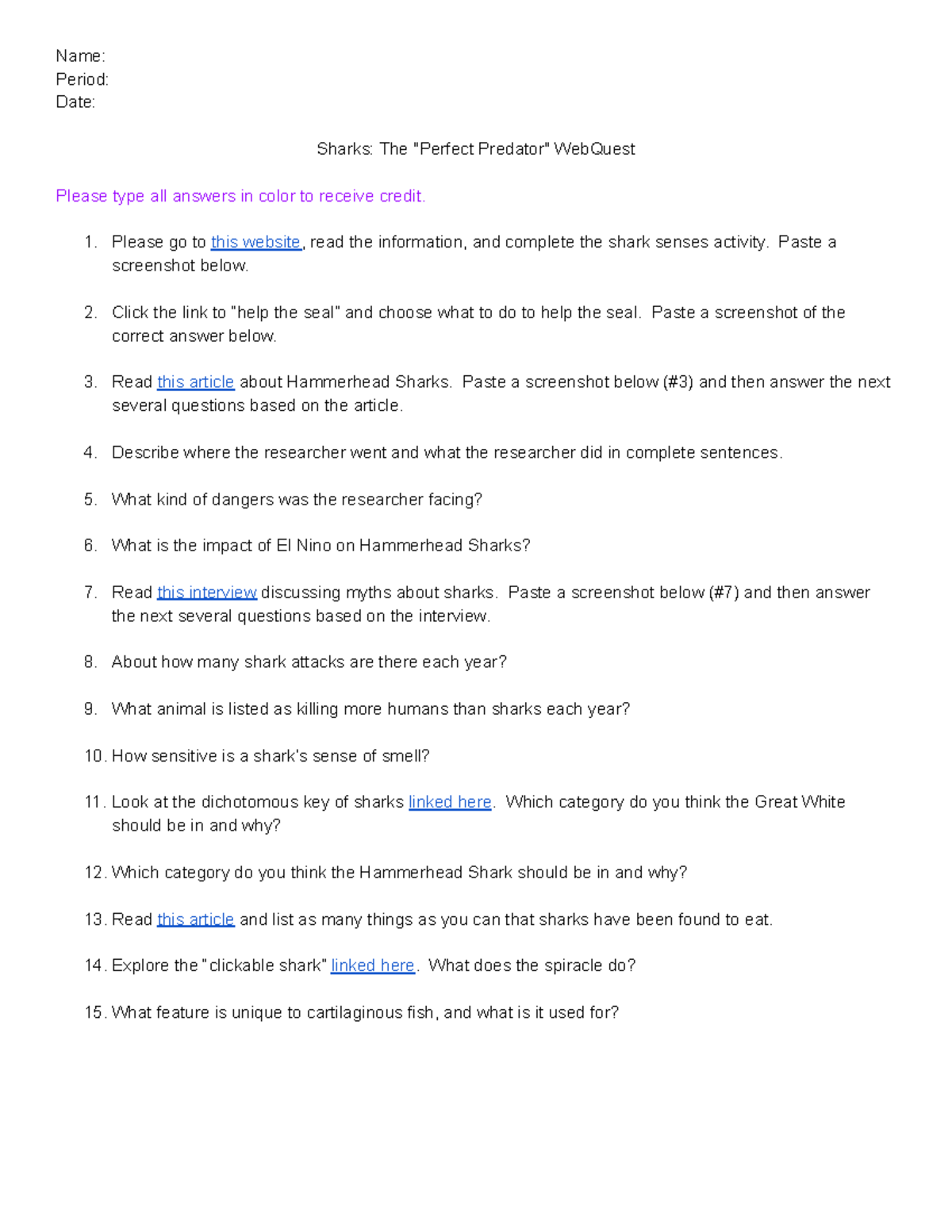 Copy of Sharks The Perfect Predator - Name: Period: Date: Sharks: The ...