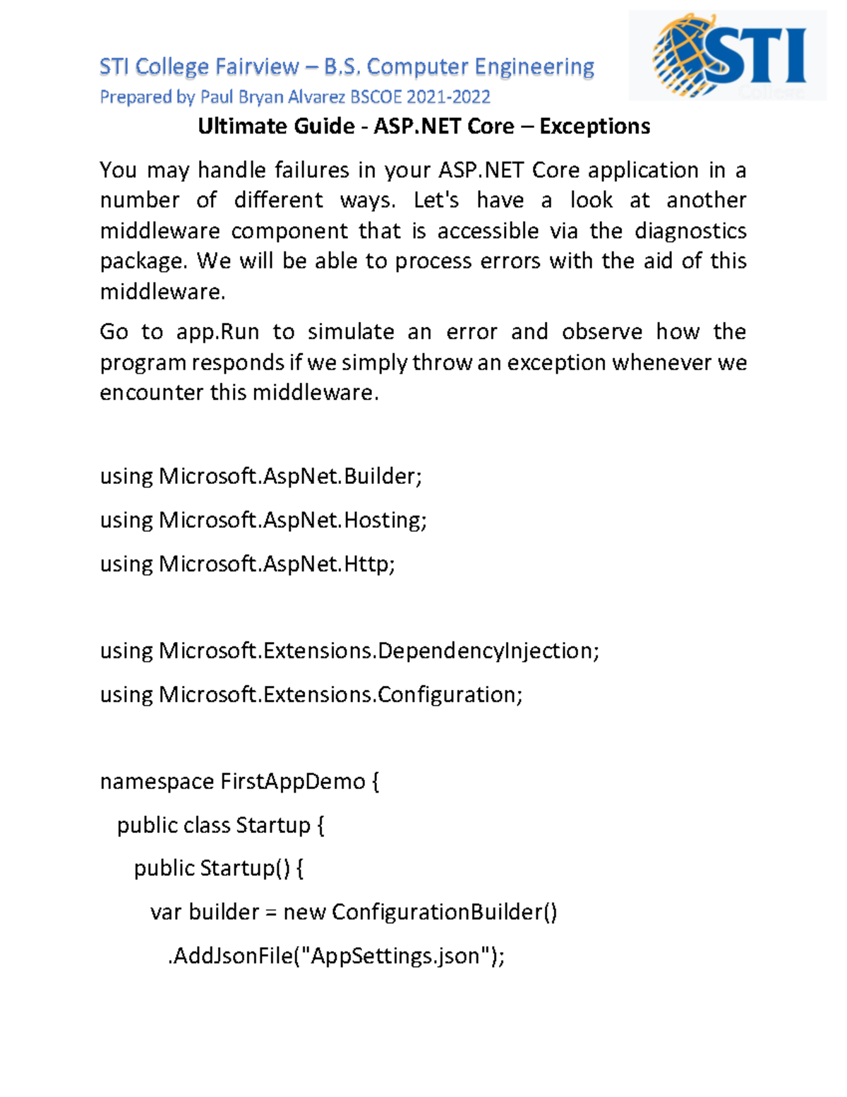 Ultimate Guide - ASP.NET Core - Exceptions - Prepared by Paul Bryan Alvarez BSCOE 2021- Ultimate ...