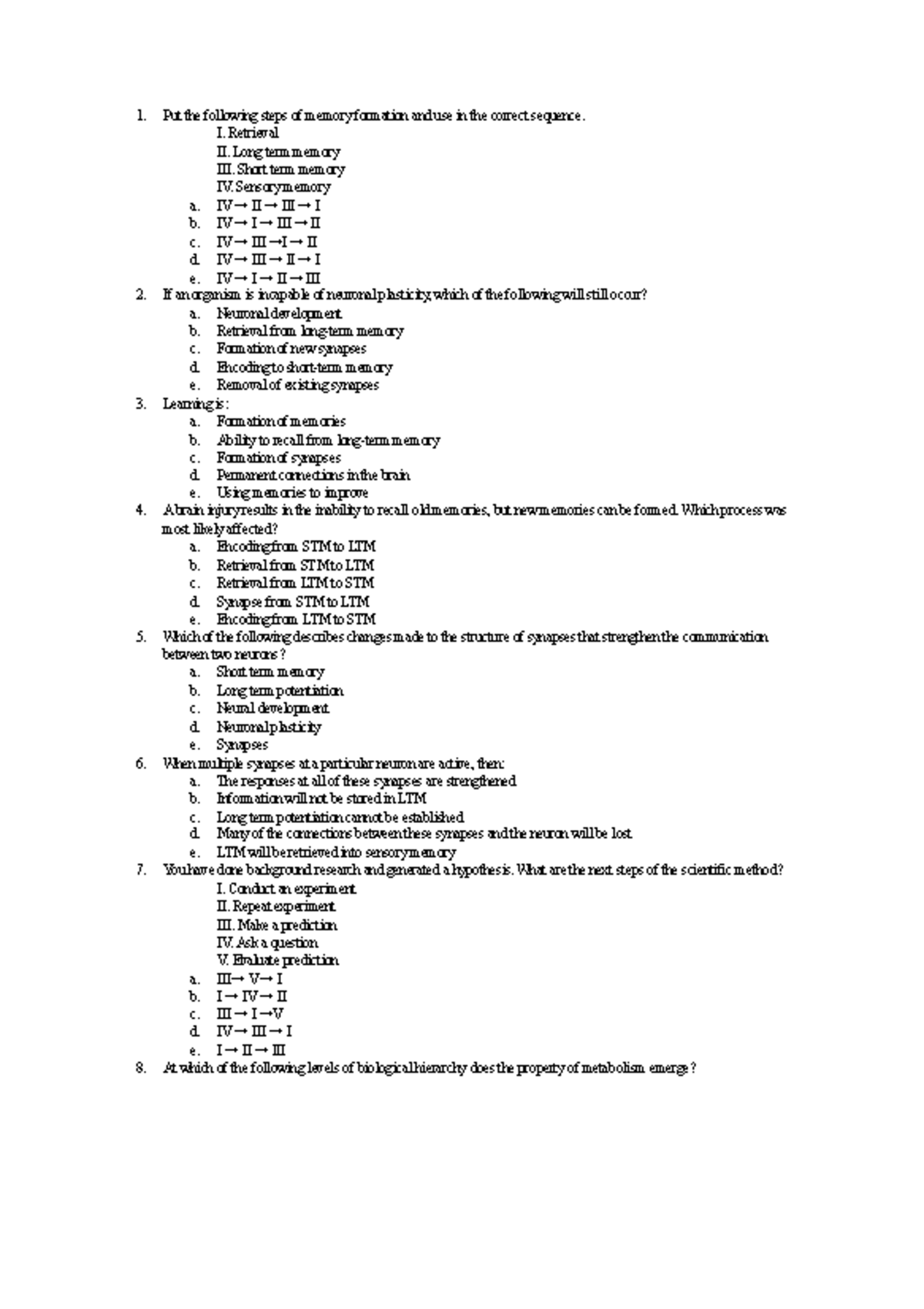 Exam 1 2 USE THIS without answers - Put the following steps of memory ...