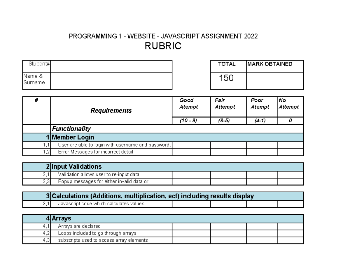 PRG152S- Assignment Rubric 2022 - Student# TOTAL Name & Surname 150 Good Atempt Fair Attempt ...