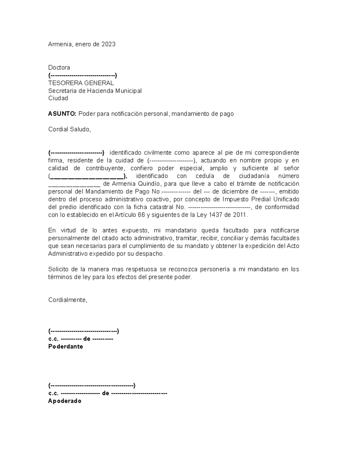 Poder Notificación Personal - Armenia, enero de 2023 Doctora ...