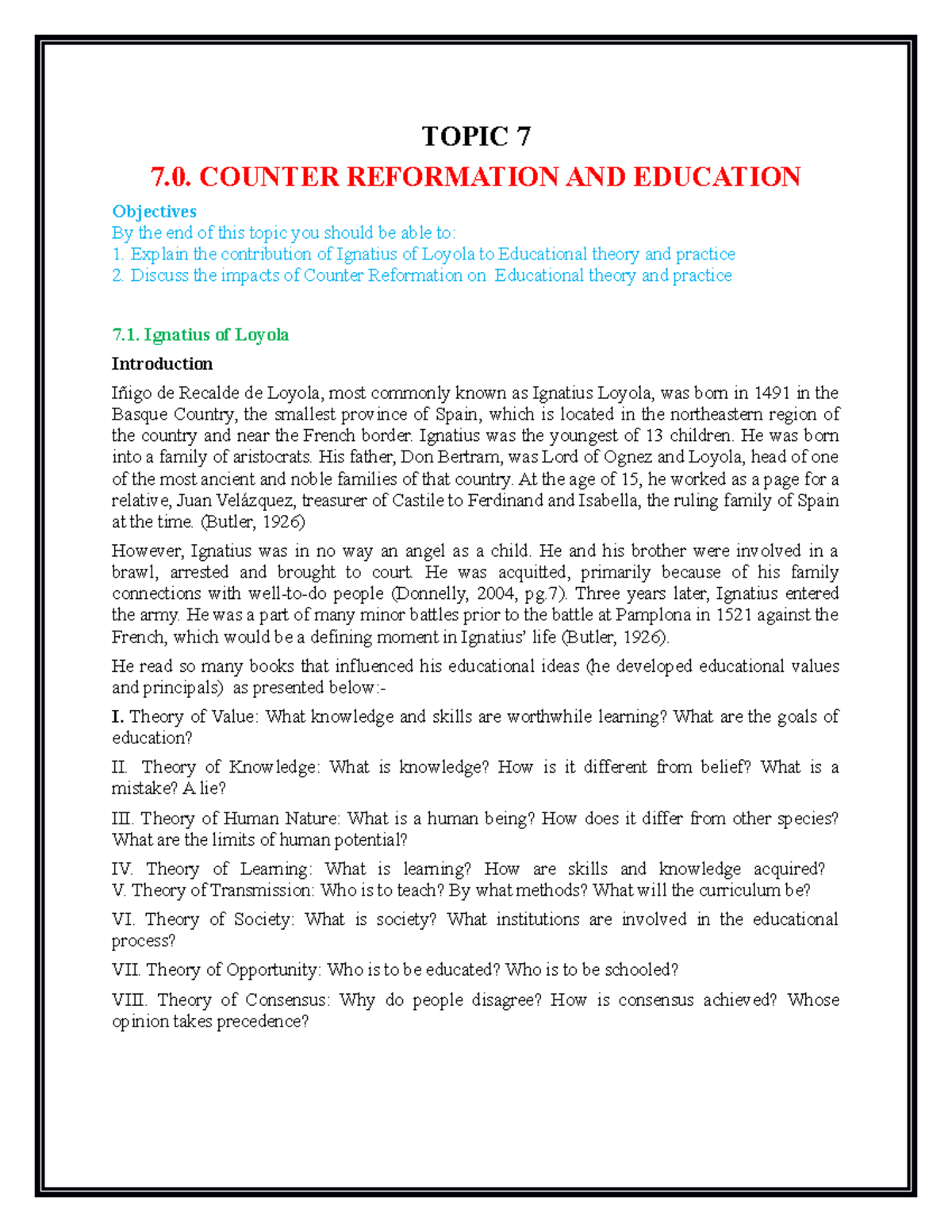Topic 7 Course Notes - TOPIC 7 7. COUNTER REFORMATION AND EDUCATION ...
