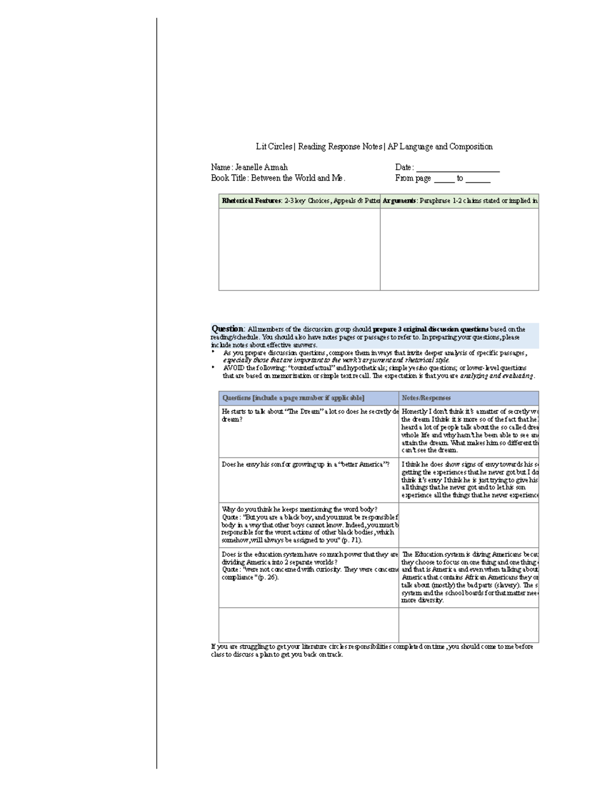 Lit Circle - Reading Response Notes - Rhetorical Version 2 4 - Name ...