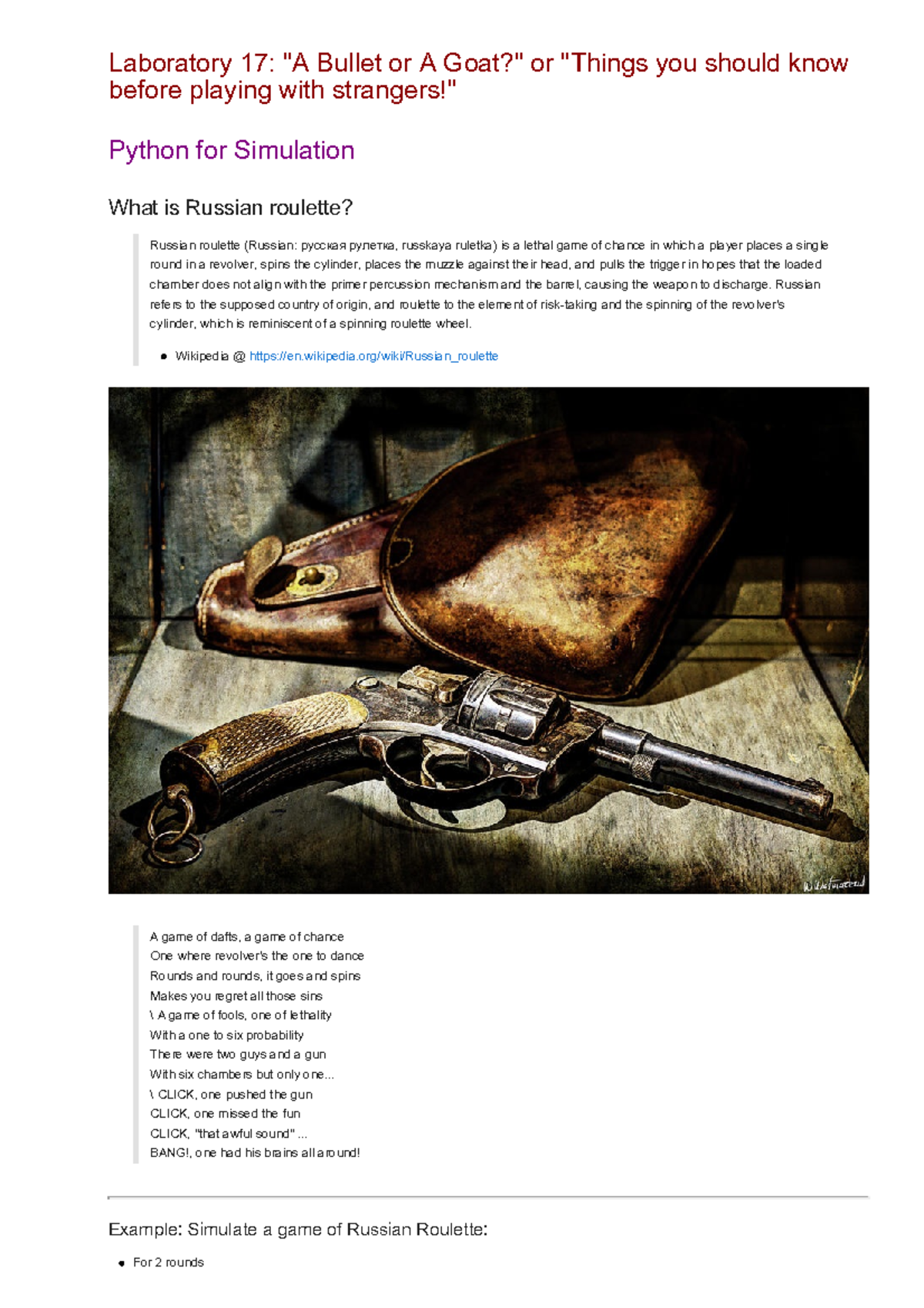 Lab 17 - Lab 17 solutions - Laboratory 17: "A Bullet or A Goat?" or ...