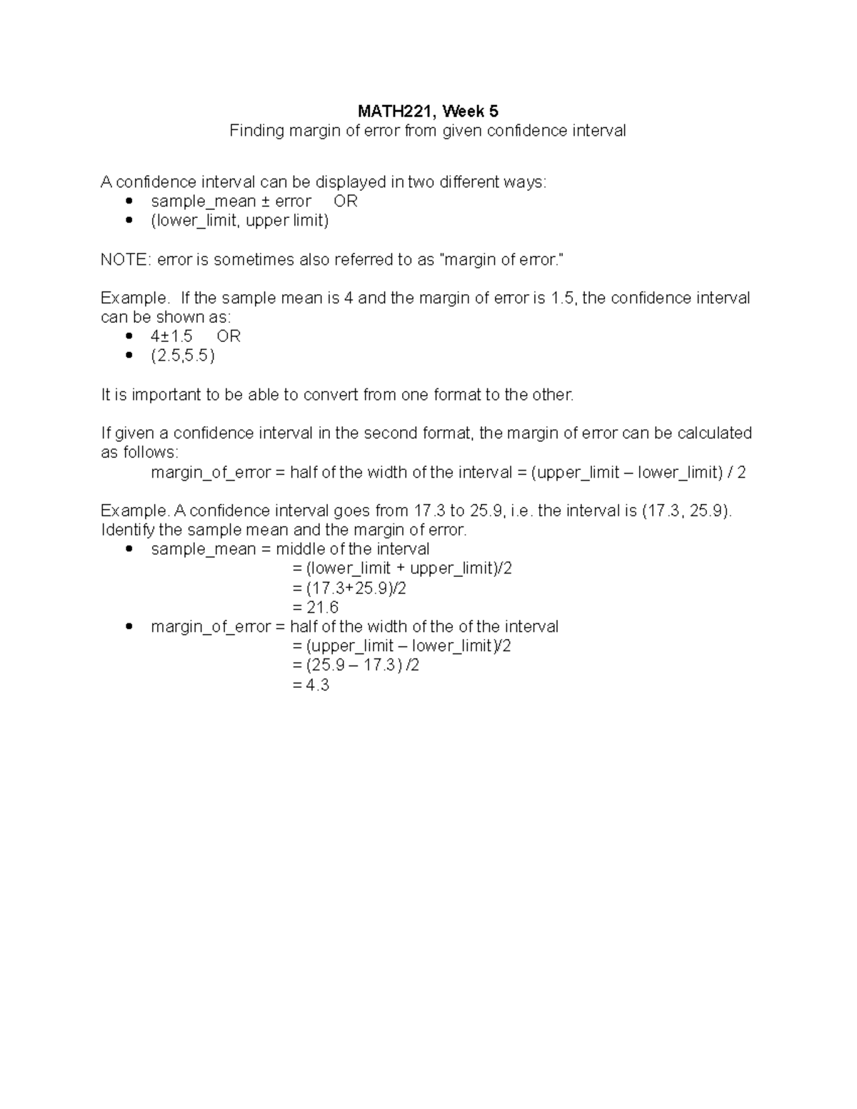 5DB - Find margin of error from a given confidence interval - MATH221 ...