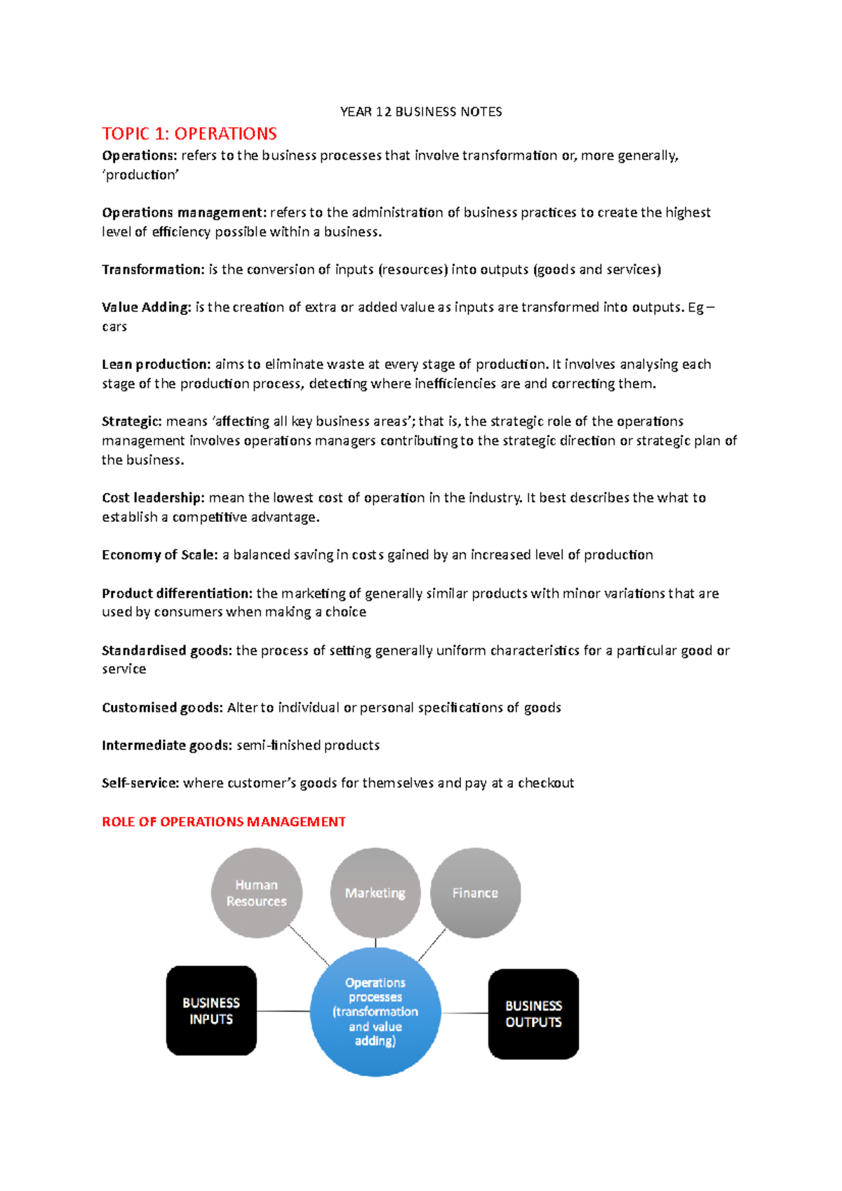 YEAR 12 Business Notes - YEAR 12 BUSINESS NOTES TOPIC 1: OPERATIONS ...