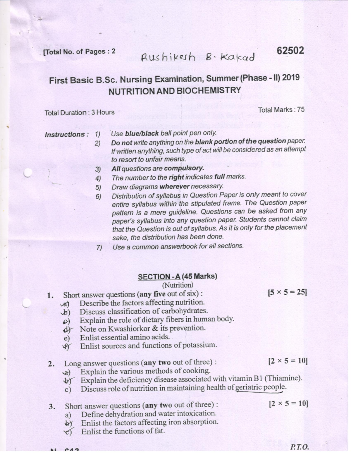 1st BBSc.Nutrition & Biochemistry-Summer Q Papers - Elementary anatomy ...