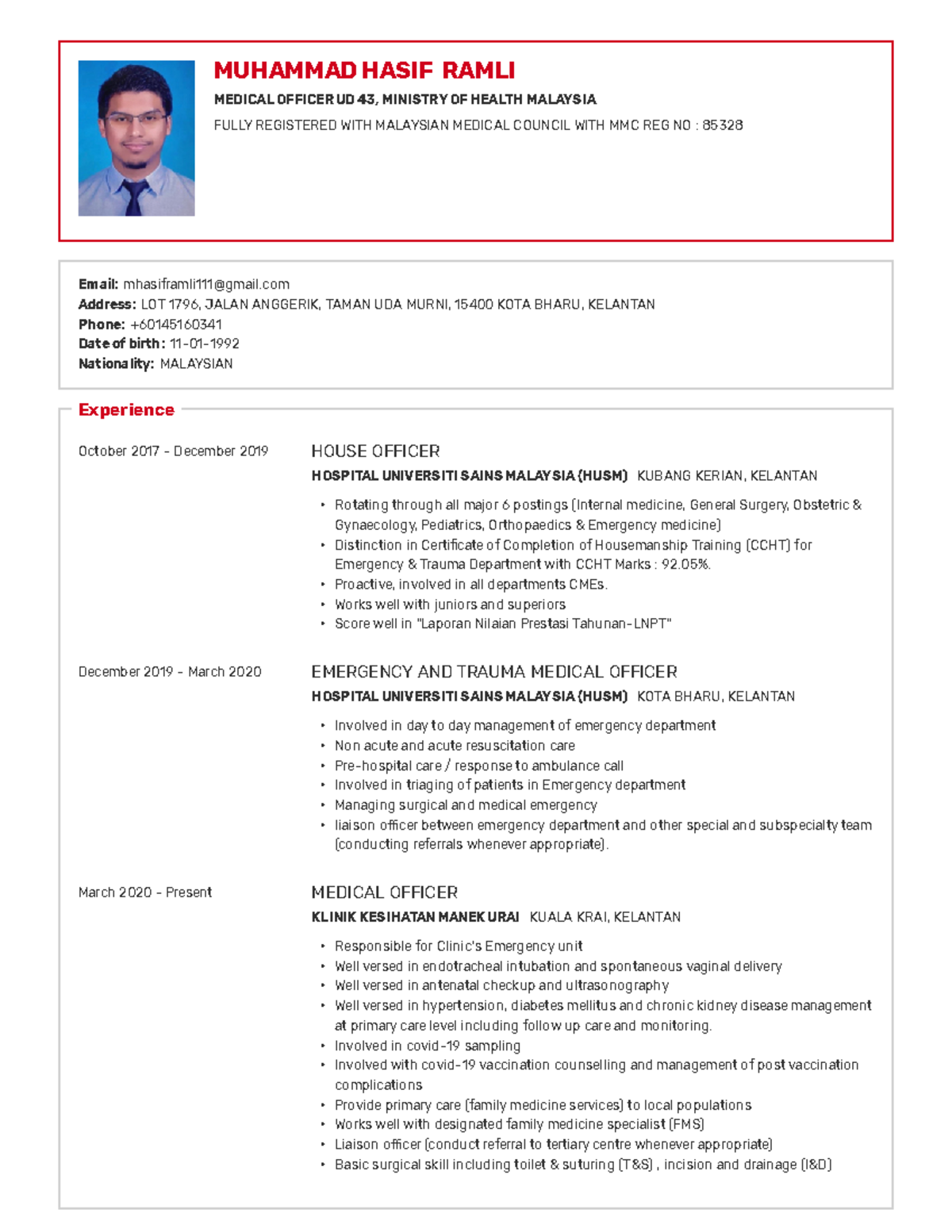 DR - personal cv - MUHAMMAD HASIF RAMLI MEDICAL OFFICER UD 43, MINISTRY ...