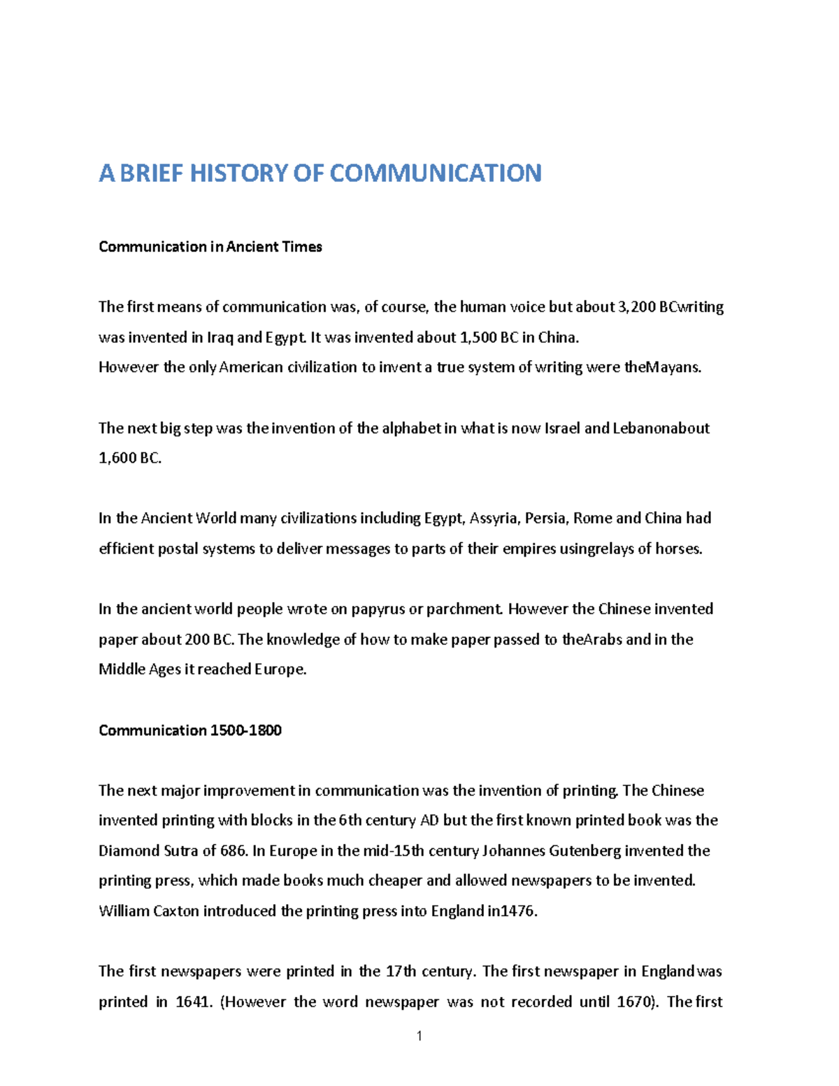 A Brief History of Communication - A BRIEF HISTORY OF COMMUNICATION ...