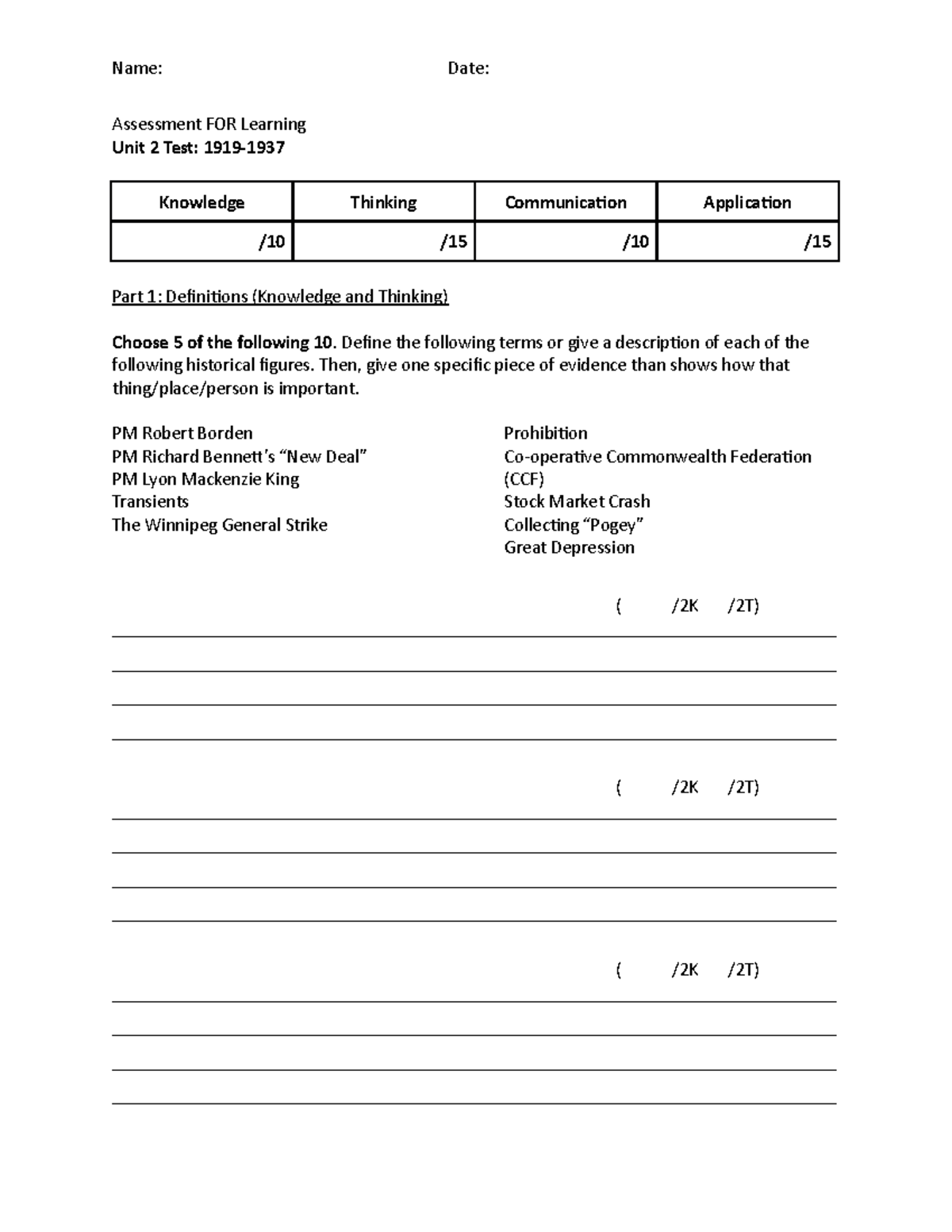 Grade 10Canadian History Unit 2Test1920sand1930s-1 - Assessment FOR ...