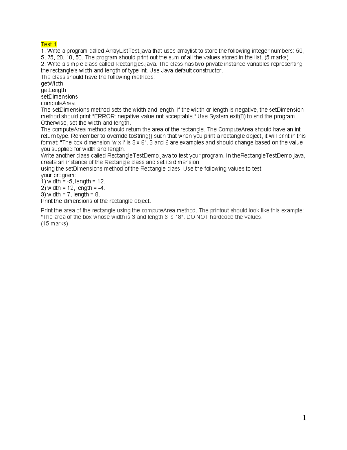 CS114 Test1 - Test 1 - Test 1 1. Write a program called ArrayListTest ... CS114 Test1 - Test 1 - Test 1 1. Write a program called ArrayListTest ...