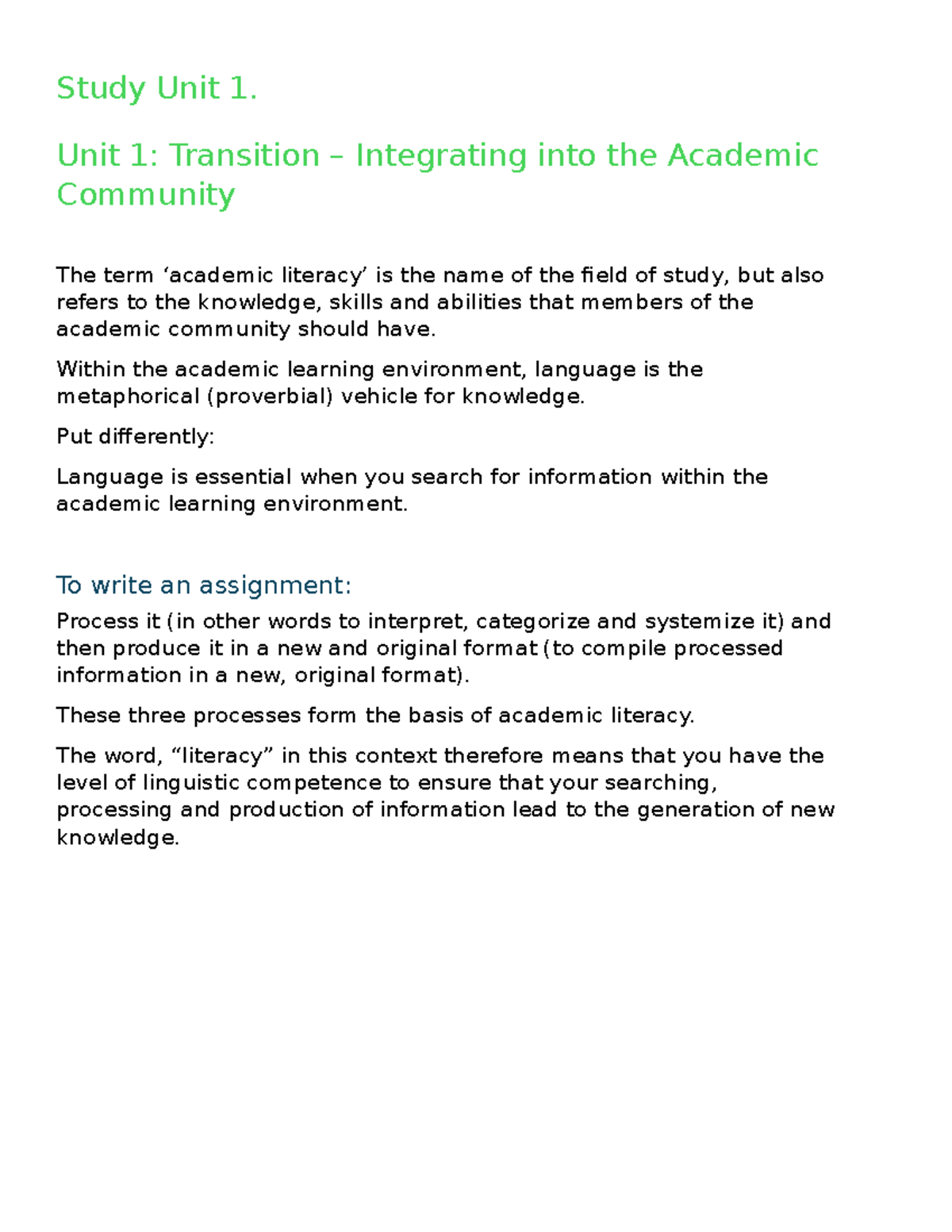 Study Unit 1 - Unit 1: Transition – Integrating into the Academic ...