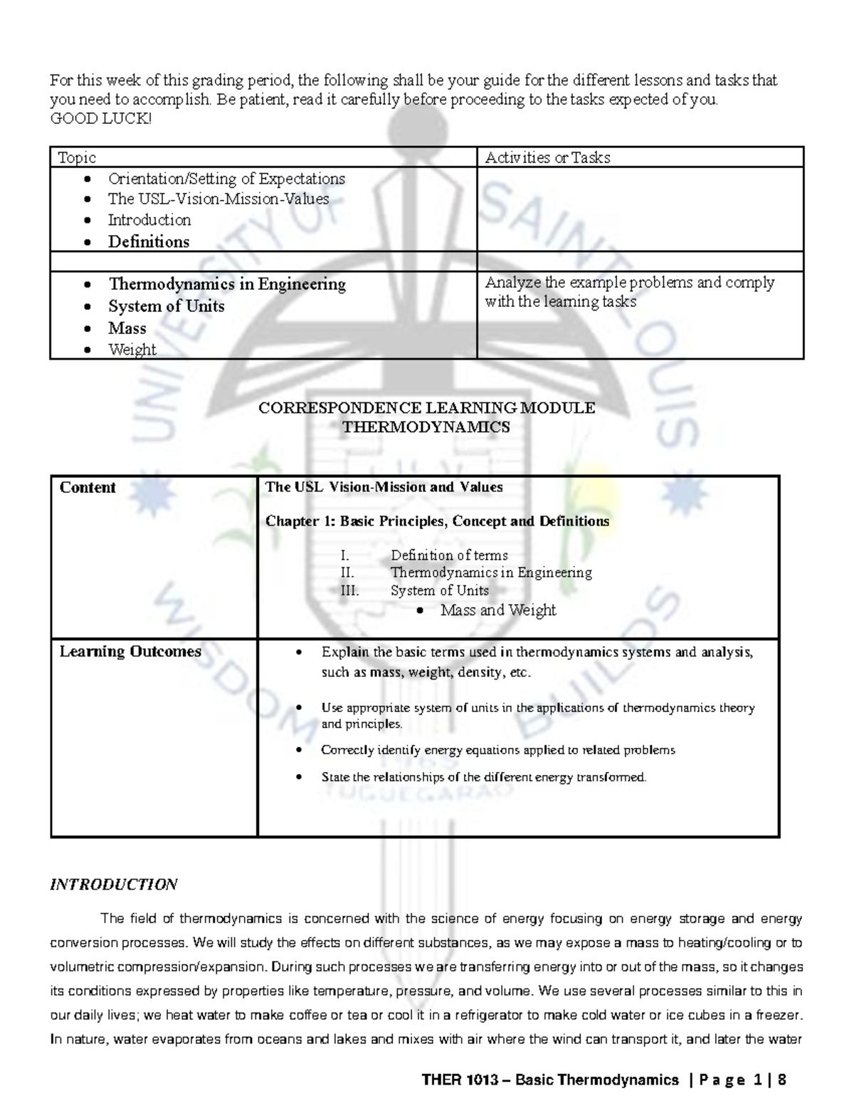 Thermodynamics-week-1 - For this week of this grading period, the ...