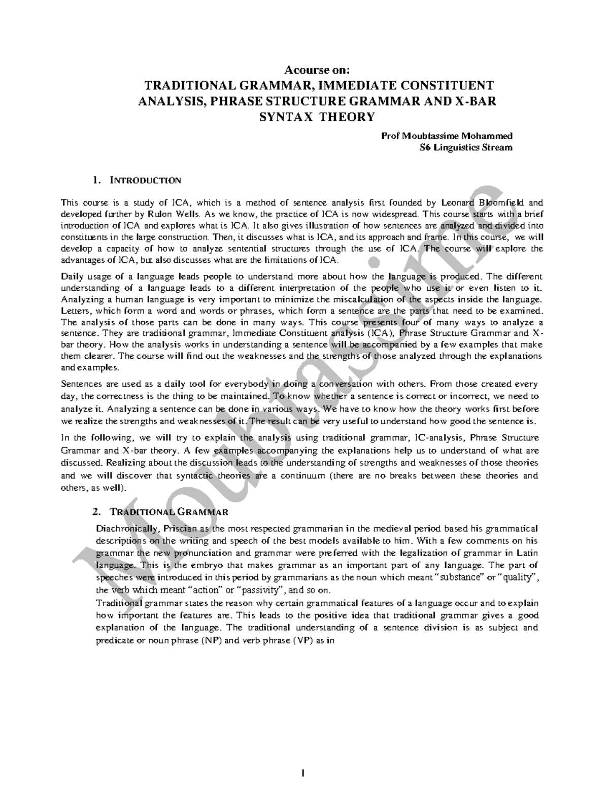 Lesson in-Morpho-syntax - 1 Acourse on: TRADITIONAL GRAMMAR, IMMEDIATE ...