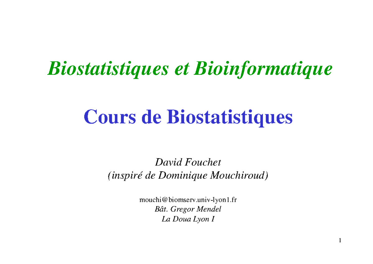 Cours 2 - Biostatistiques et bioinformatique - UCBL - Studocu