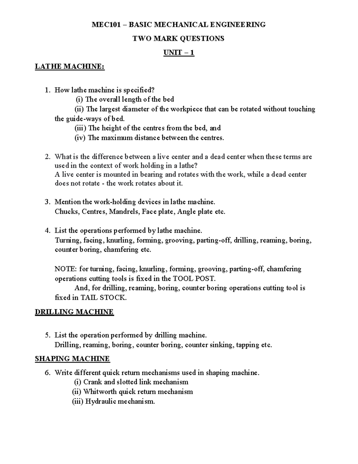 BME Twomarks Q & A - Bme - MEC101 – BASIC MECHANICAL ENGINEERING TWO MARK QUESTIONS UNIT – 1 ...
