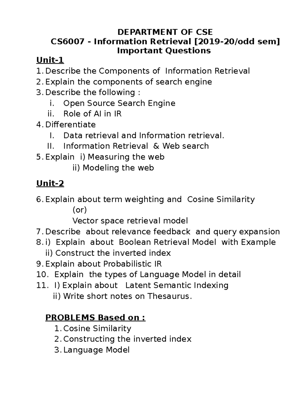 Information Retrieval Imp Questions Problems - Copy - DEPARTMENT OF CSE CS6007 - Information ...