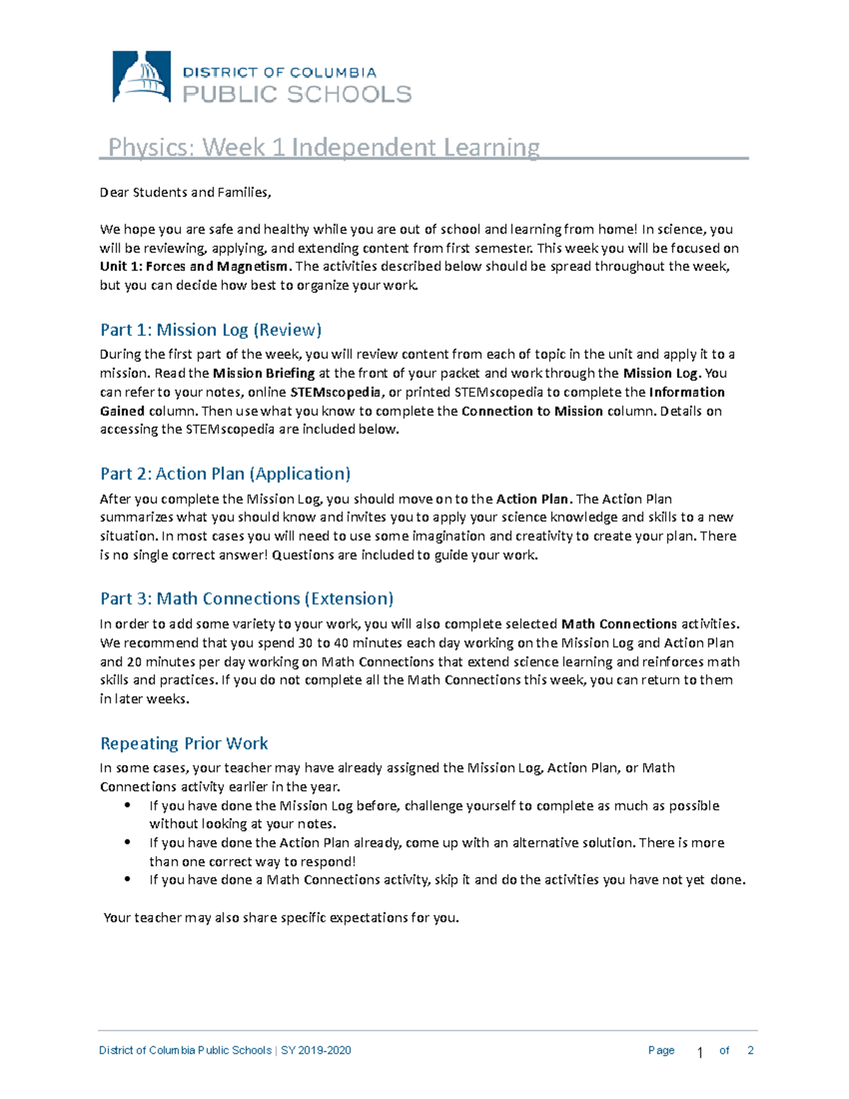 Physics Week 1 LP - yes - District of Columbia Public Schools | SY 2019 ...