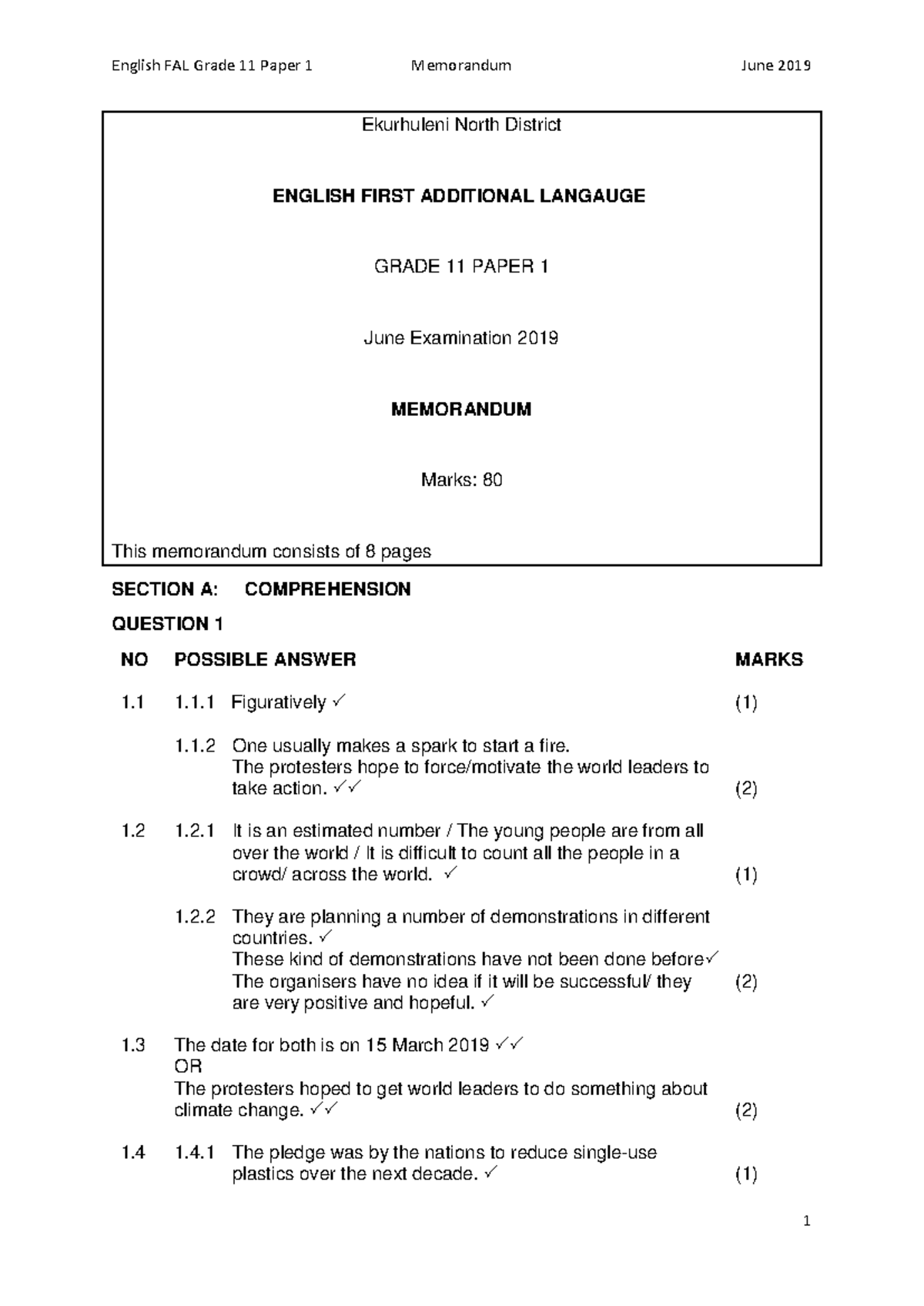 ENG FAL P1 GR 11 June Exam Memo 2019 - Ekurhuleni North District ...