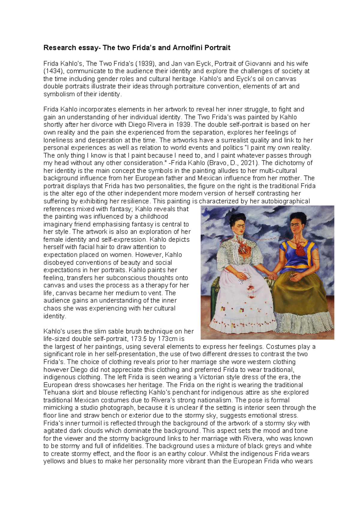 Art task 2 - essay - Research essay- The two Frida’s and Arnolfini ...