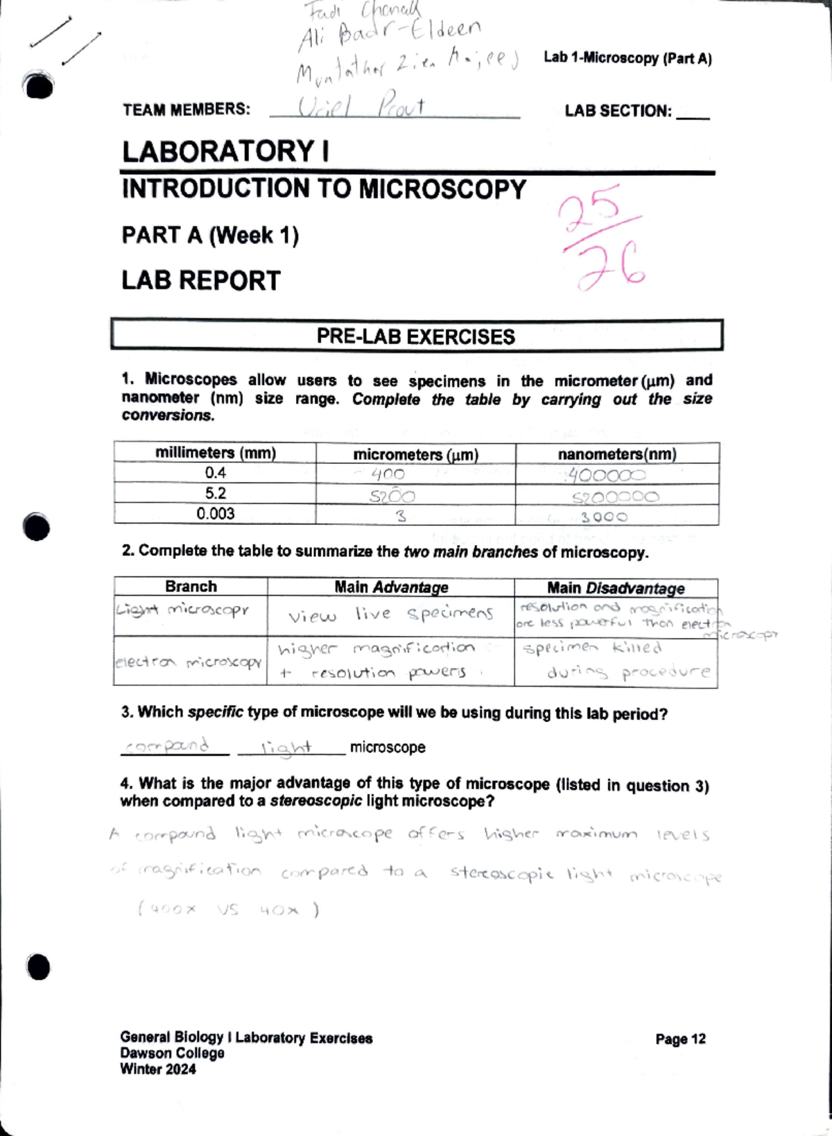 Lab 1 - Lab - 1 • • 1 Lab1-Mlcroscopy (PartA) TEAMMEMBERS: LAB SECTION ...