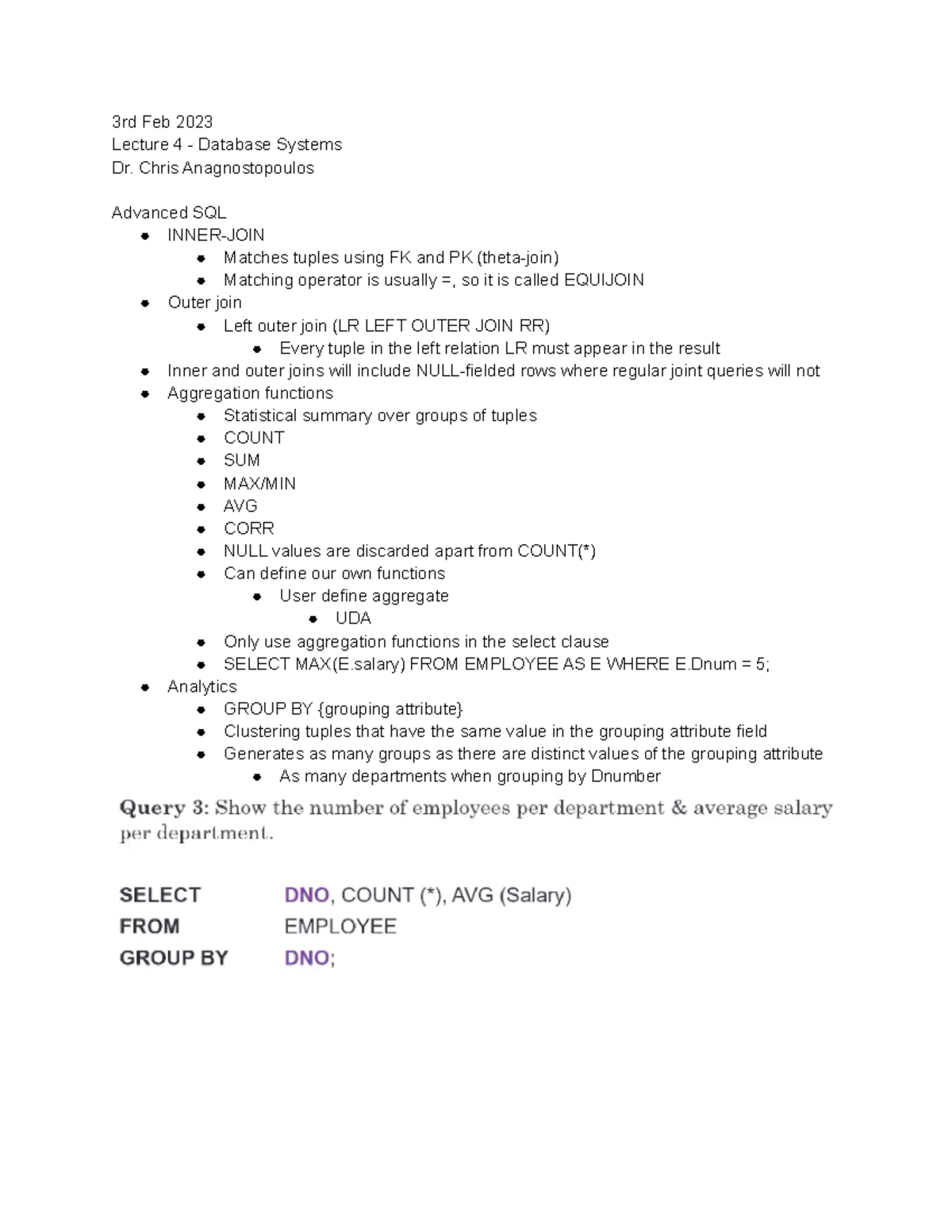 Database Systems Lecture 4 - 3rd Feb 2023 - COMPSCI4013 - Studocu