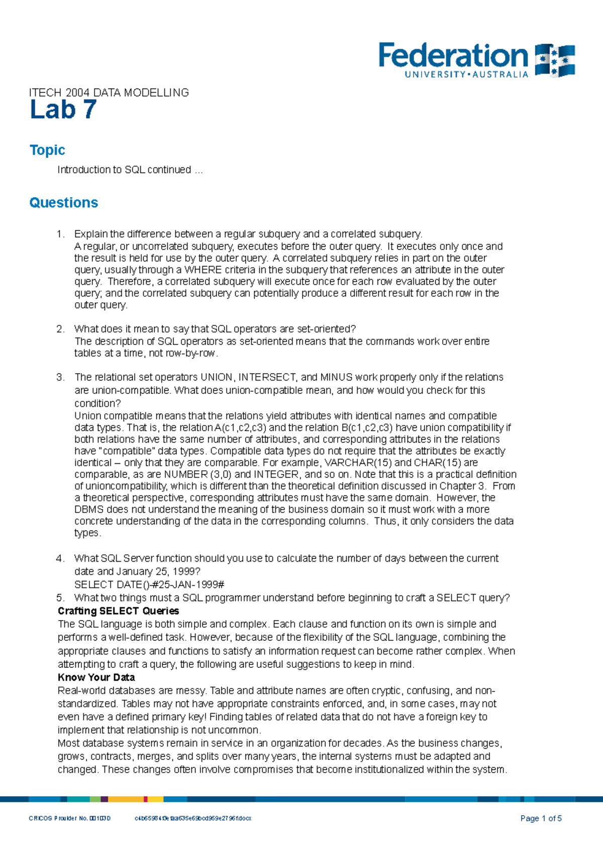 Itech 2004 07 Lab Database Itech 2004 Data Modelling Lab 7 Topic Introduction To Sql 