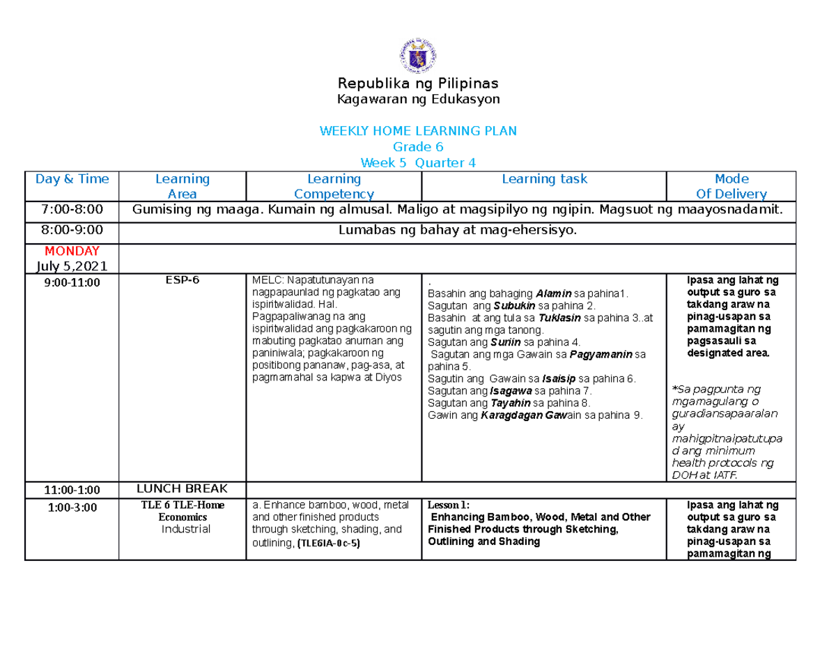 WHLP WEEK 5 Grade 6 Q4 - ajgyaytg - Kagawaran ng Edukasyon WEEKLY HOME ...