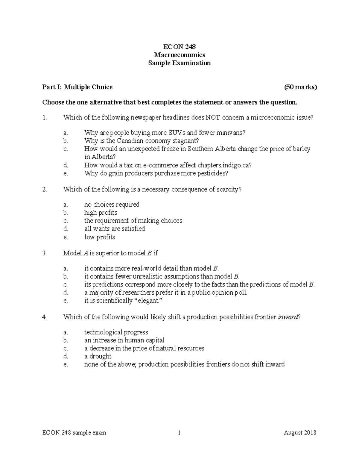ECON 248v9 Sample Exam - ECON 248 Macroeconomics Sample Examination ...