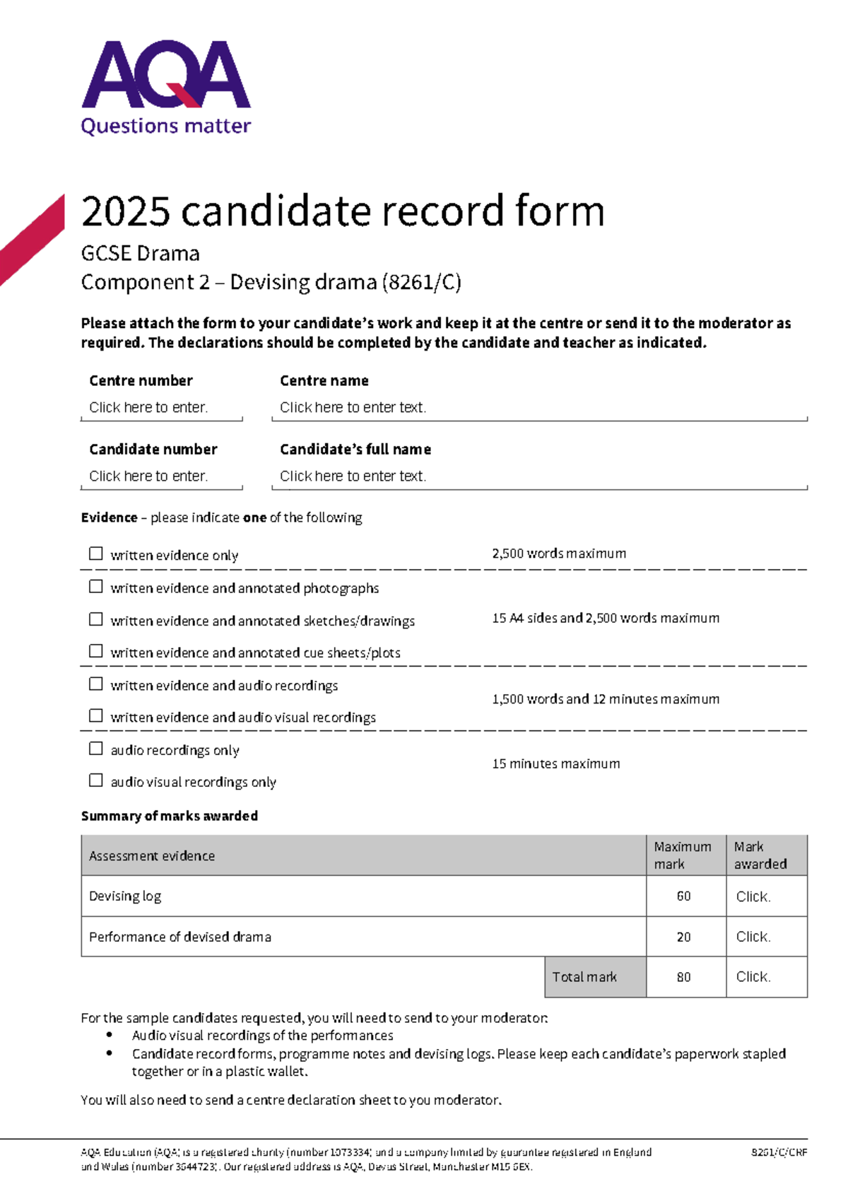 AQA 8261C CRF 25 - useful respurces - 2025 candidate record form GCSE ...