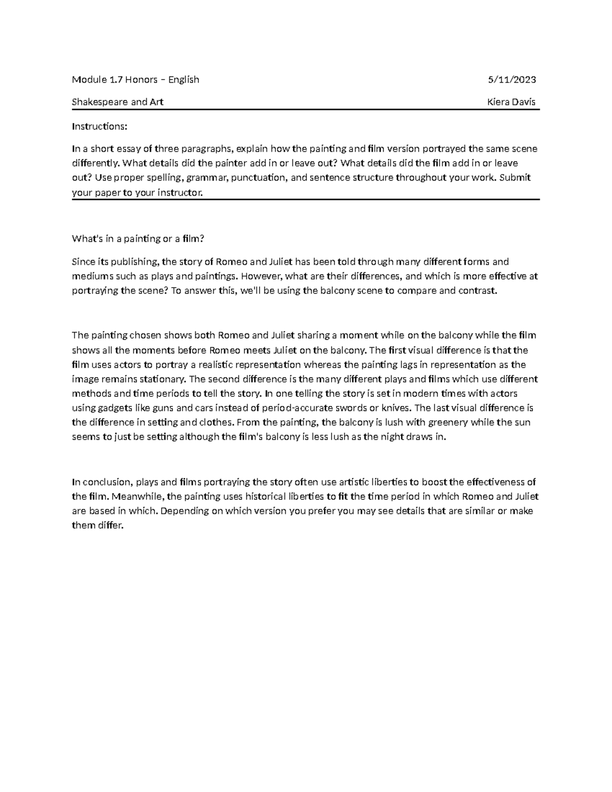 Module 1.7 Honors - English - Module 1 Honors – English 5/11/ Shakespeare and Art Kiera Davis ...