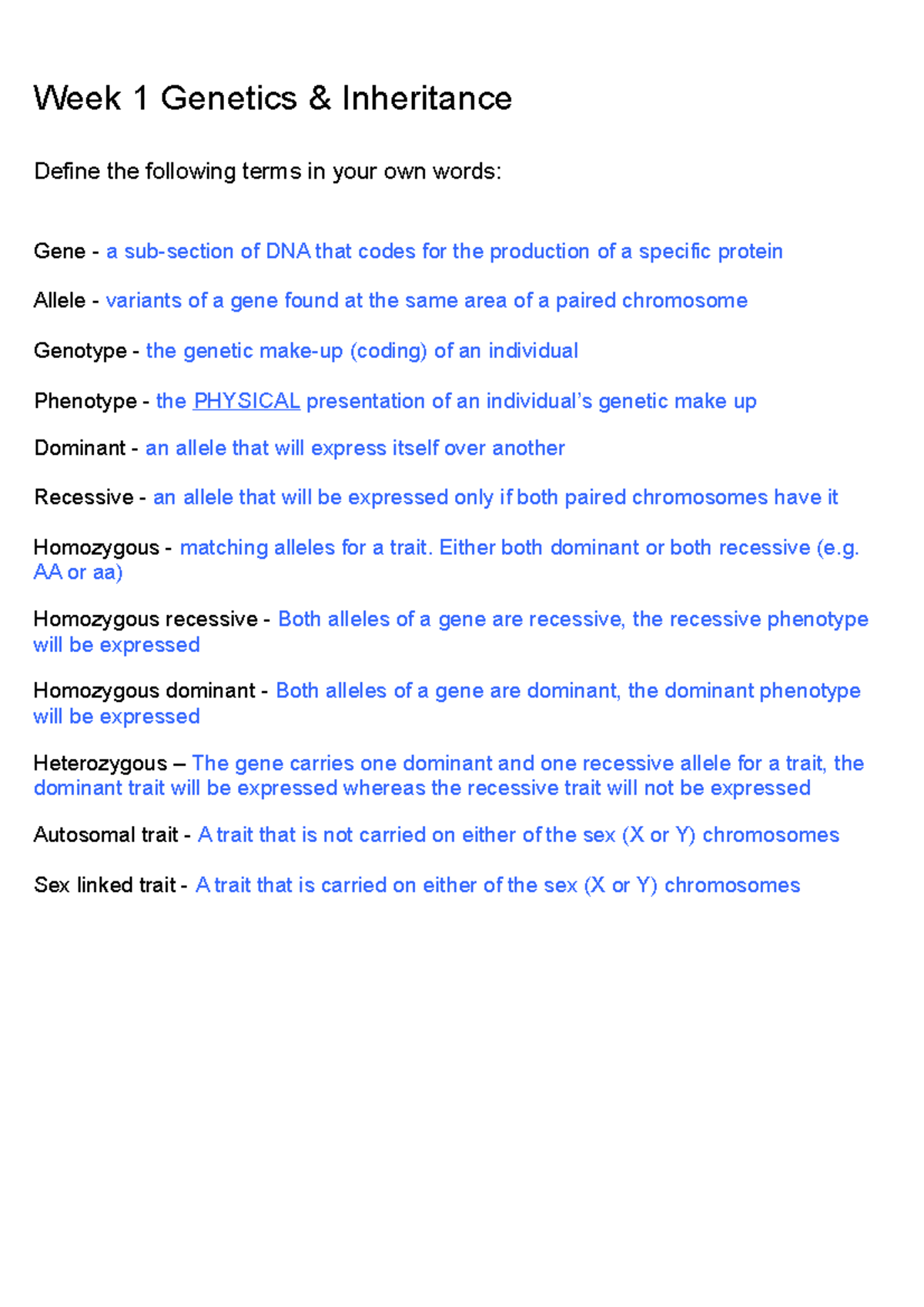 Answers Genetics AH - Week 1 Genetics & Inheritance Define the ...